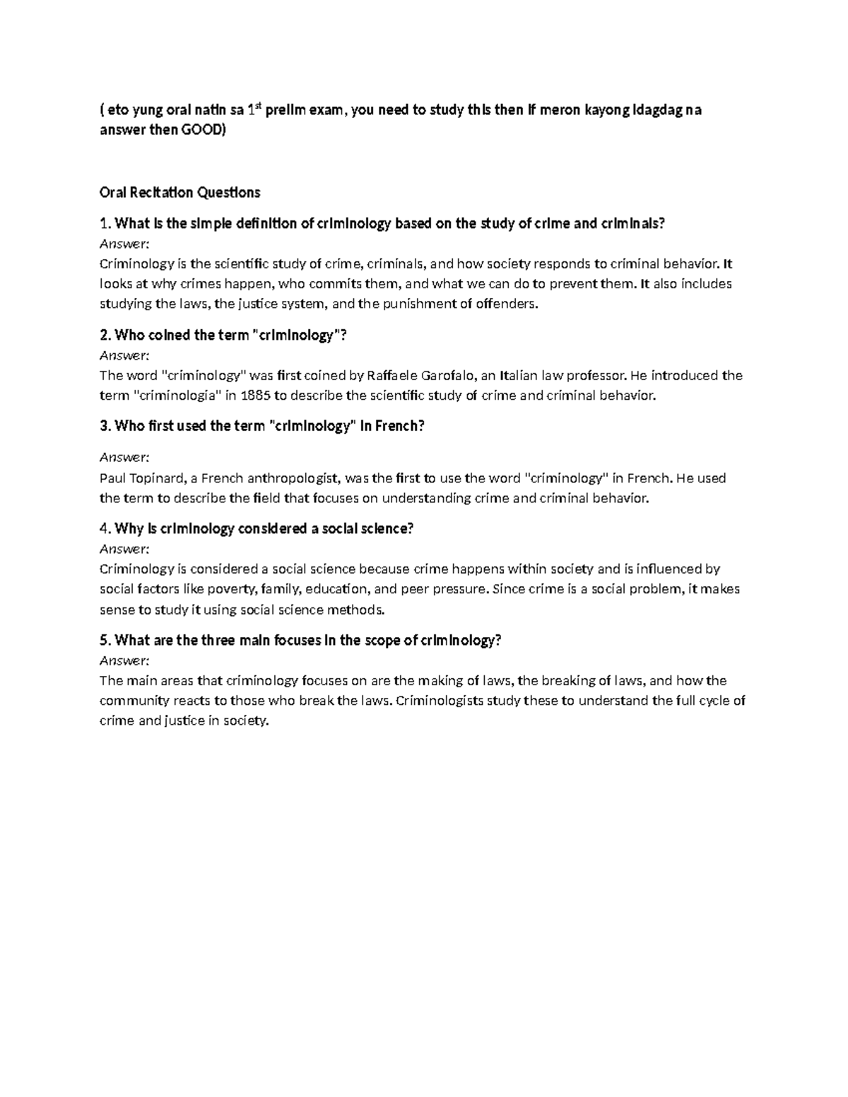 1st BS Crim-Echo Oral Recitation Exam Study Guide - Studocu