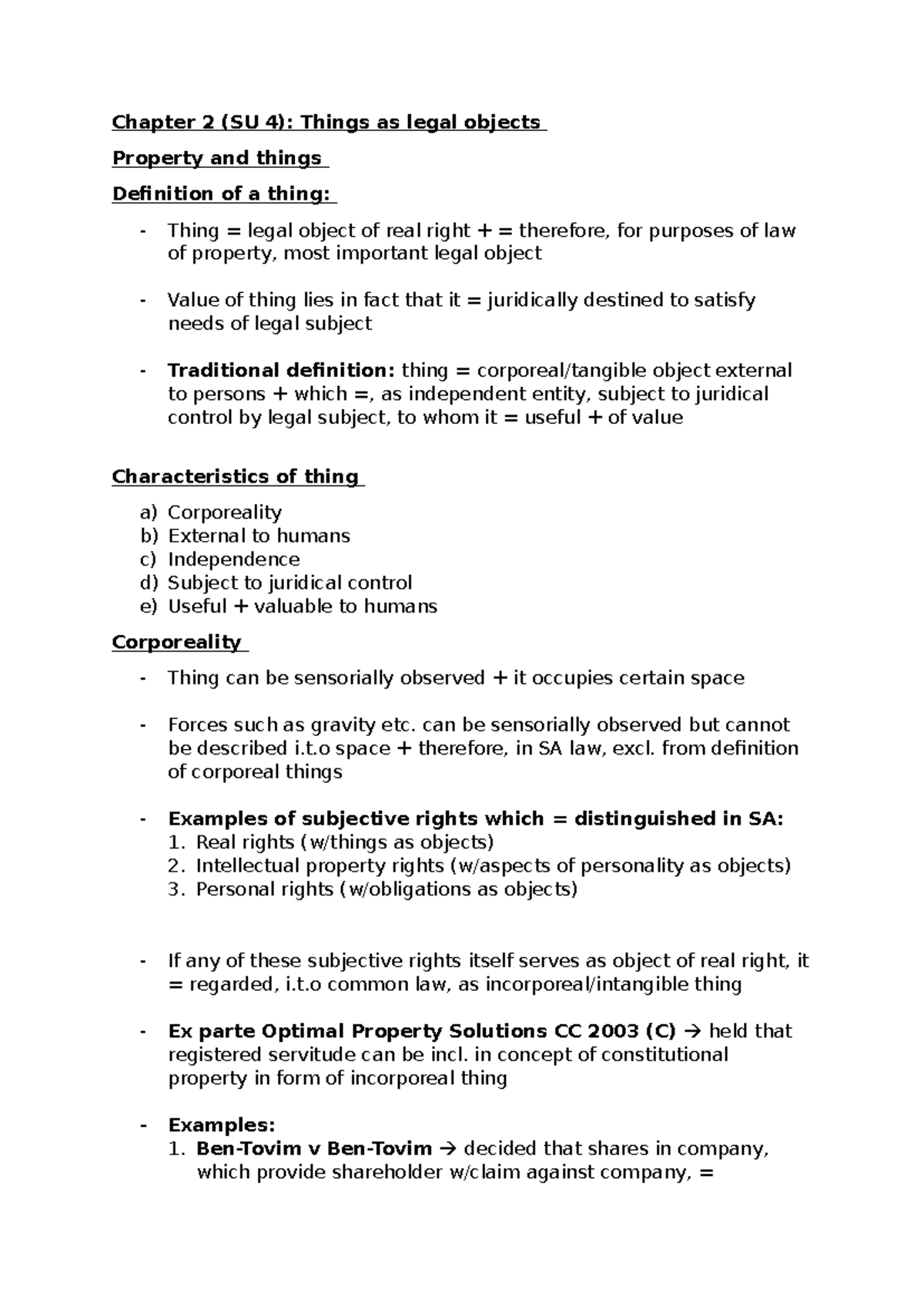 SU 4 - IURI 272: Chapter 2 Overview on Legal Objects and Property - Studocu