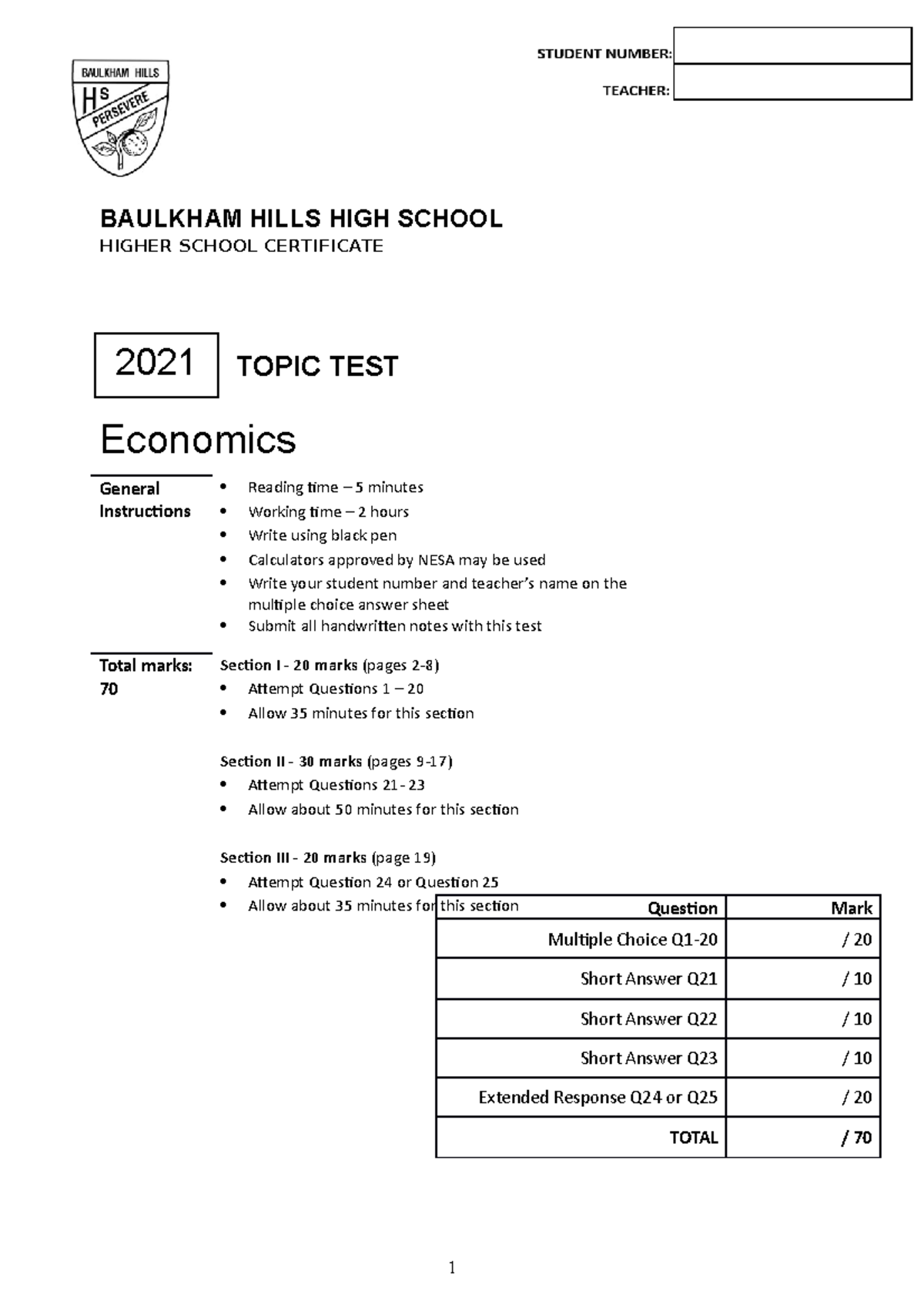 2021 HSC Economics Topic Test - Final Exam Overview - Studocu