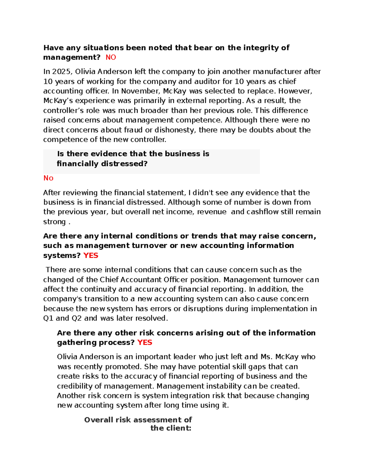 Audit Class: Management Integrity and Risk Assessment Analysis - Studocu
