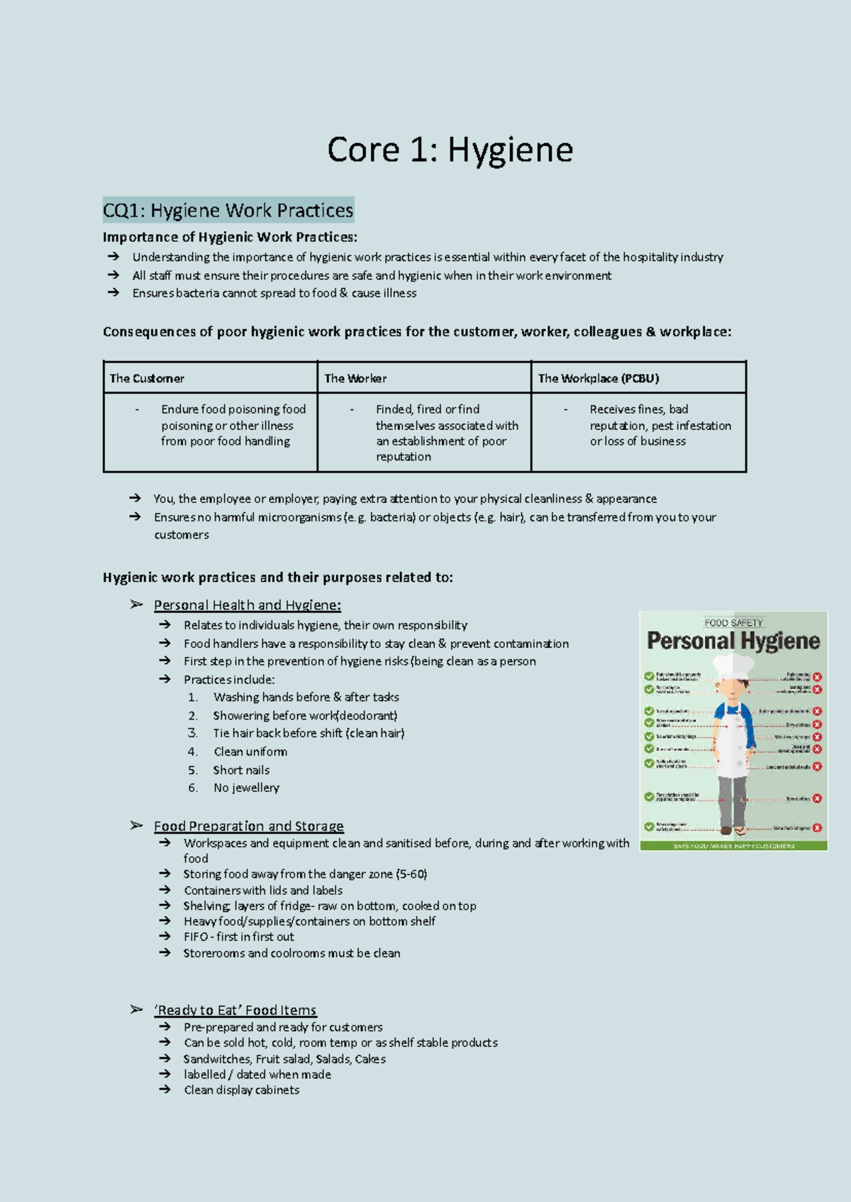 Core 1: Hygiene CQ1 - Importance of Hygienic Work Practices in ...