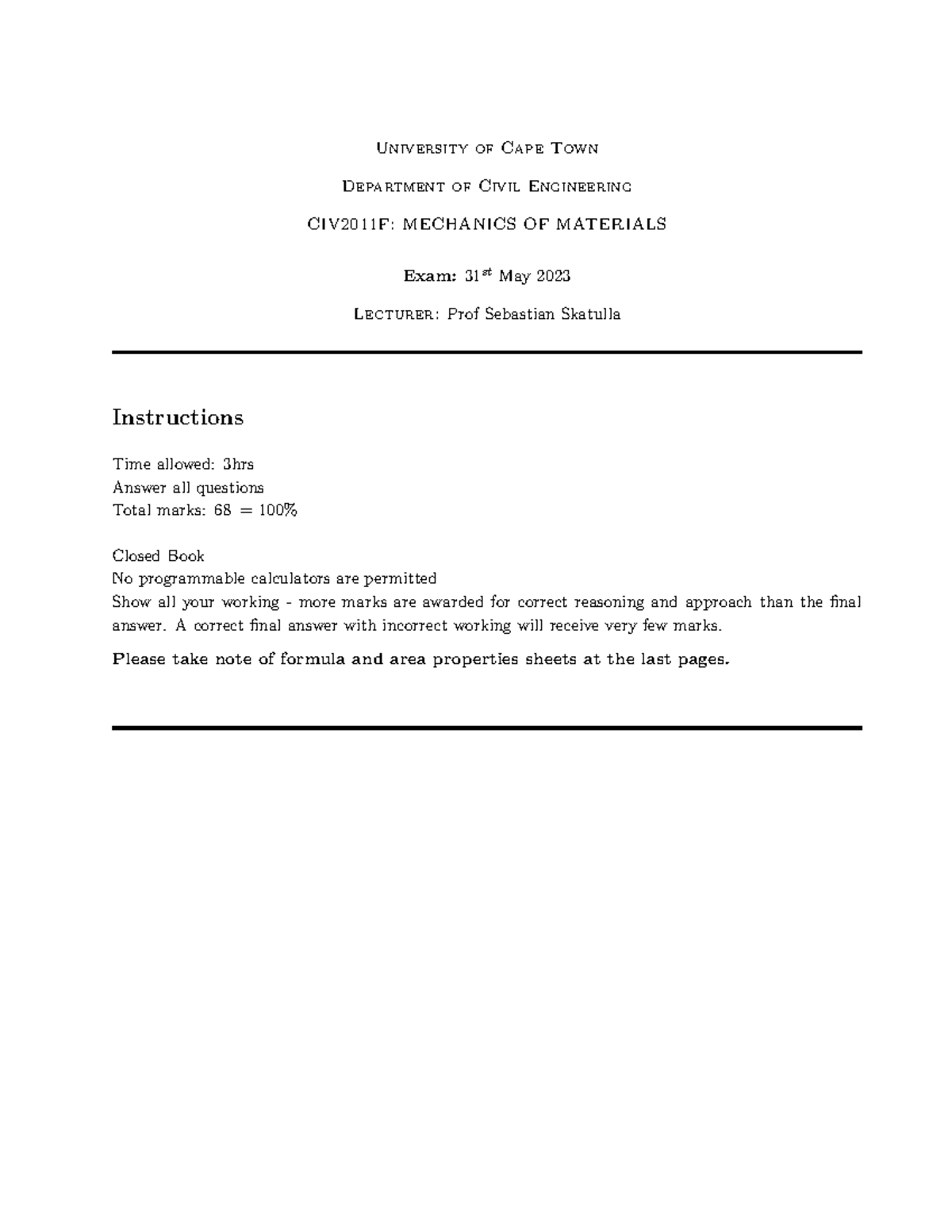 CIV2011F: Mechanics of Materials Final Exam Solutions - May 2023 - Studocu