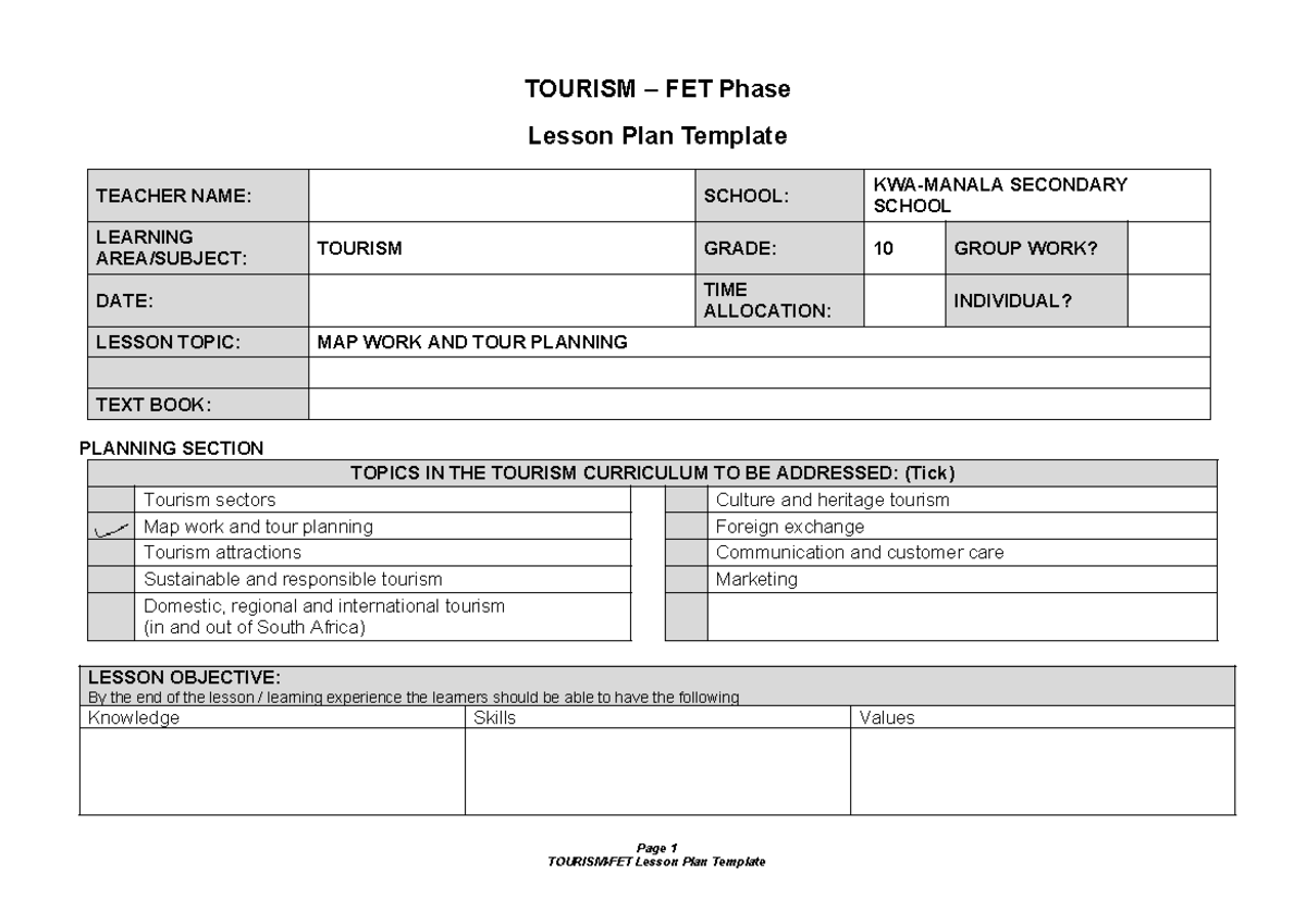 Tourism-FET Lesson Plan: Map Work & Tour Planning for Gr. 10 - Studocu