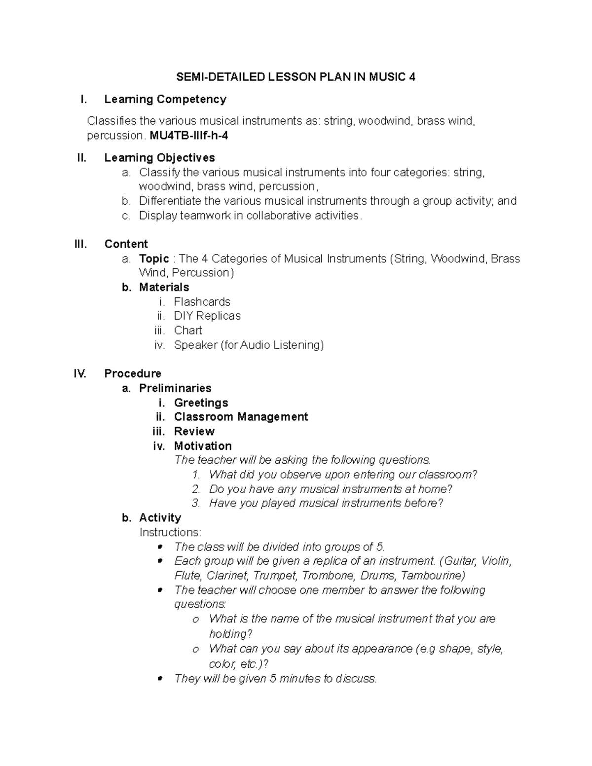 Edmus LP - Semi-Detailed Lesson Plan for Music 4 - Studocu