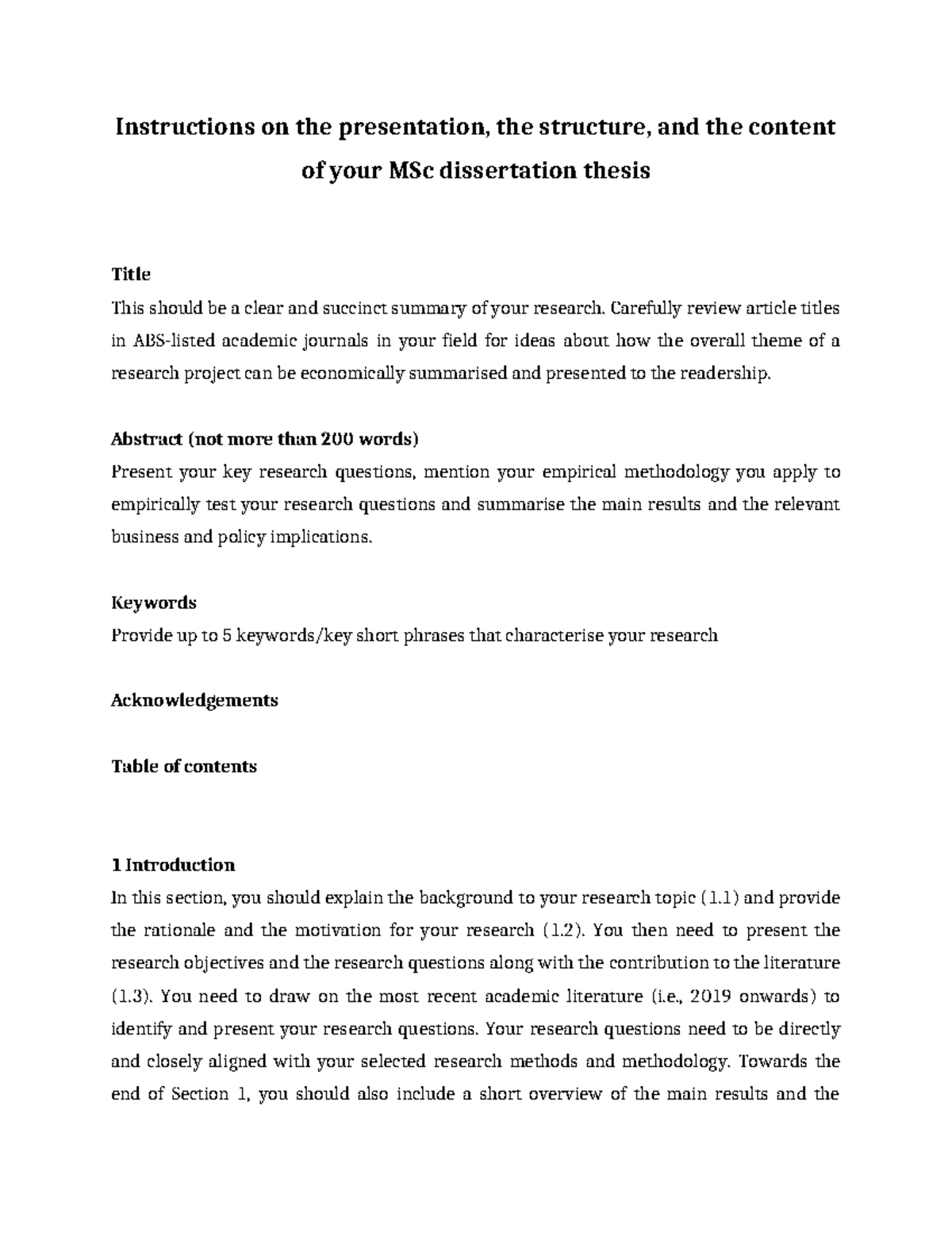 MSc Dissertation Thesis: Guidelines on Presentation, Structure ...