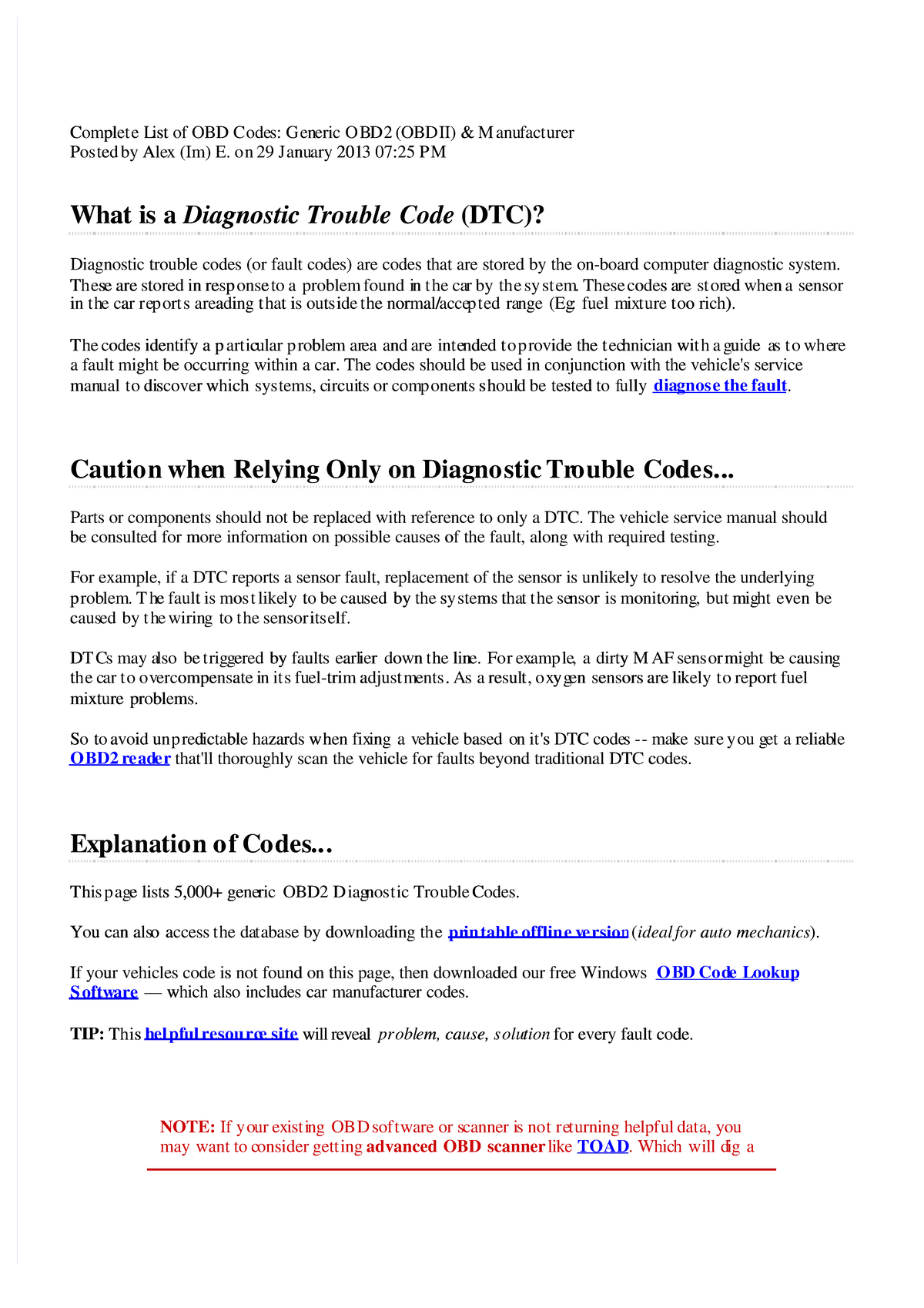 Complete List of OBD-II Codes: Diagnostic Trouble Codes Guide - Studocu