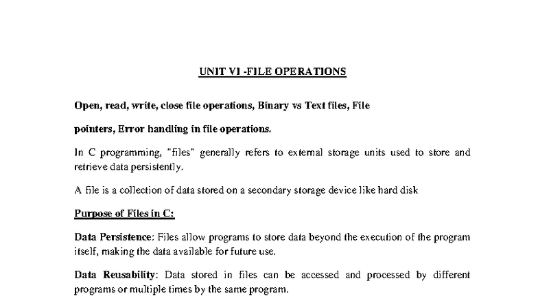 UNIT VI FILE Operations in C Programming - CS25C01 - Studocu