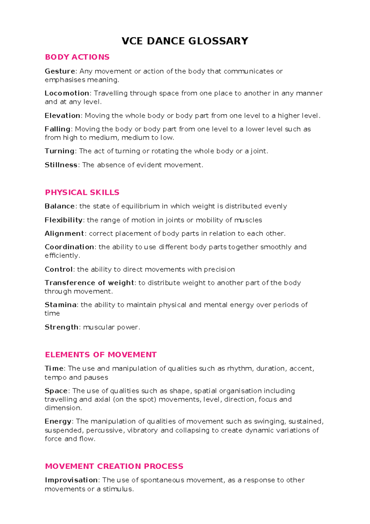 VCE Dance Glossary: Body Actions, Skills, and Choreographic Devices ...