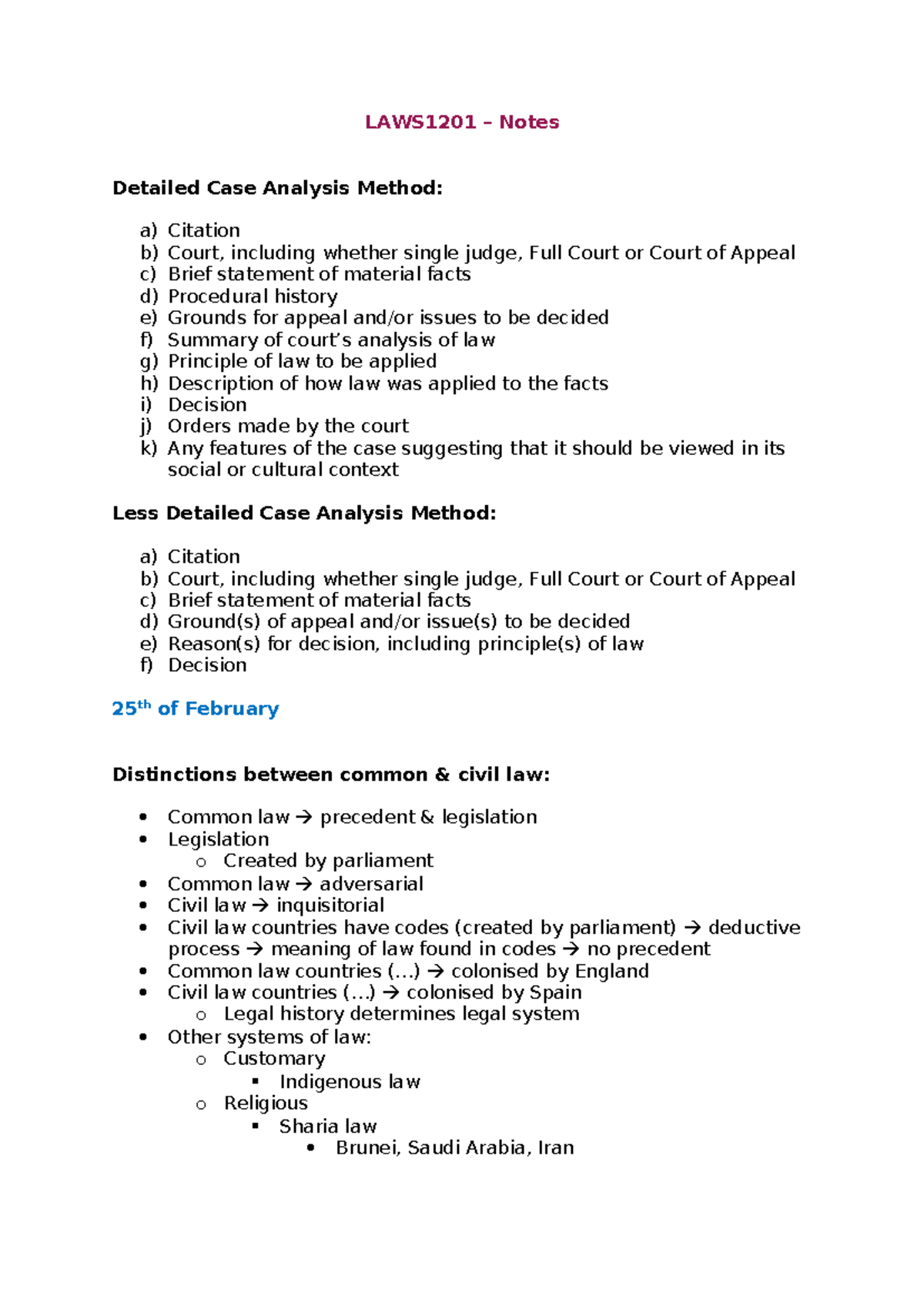 LAWS1201 Case Analysis & Precedent Overview - Week 1 Notes - Studocu