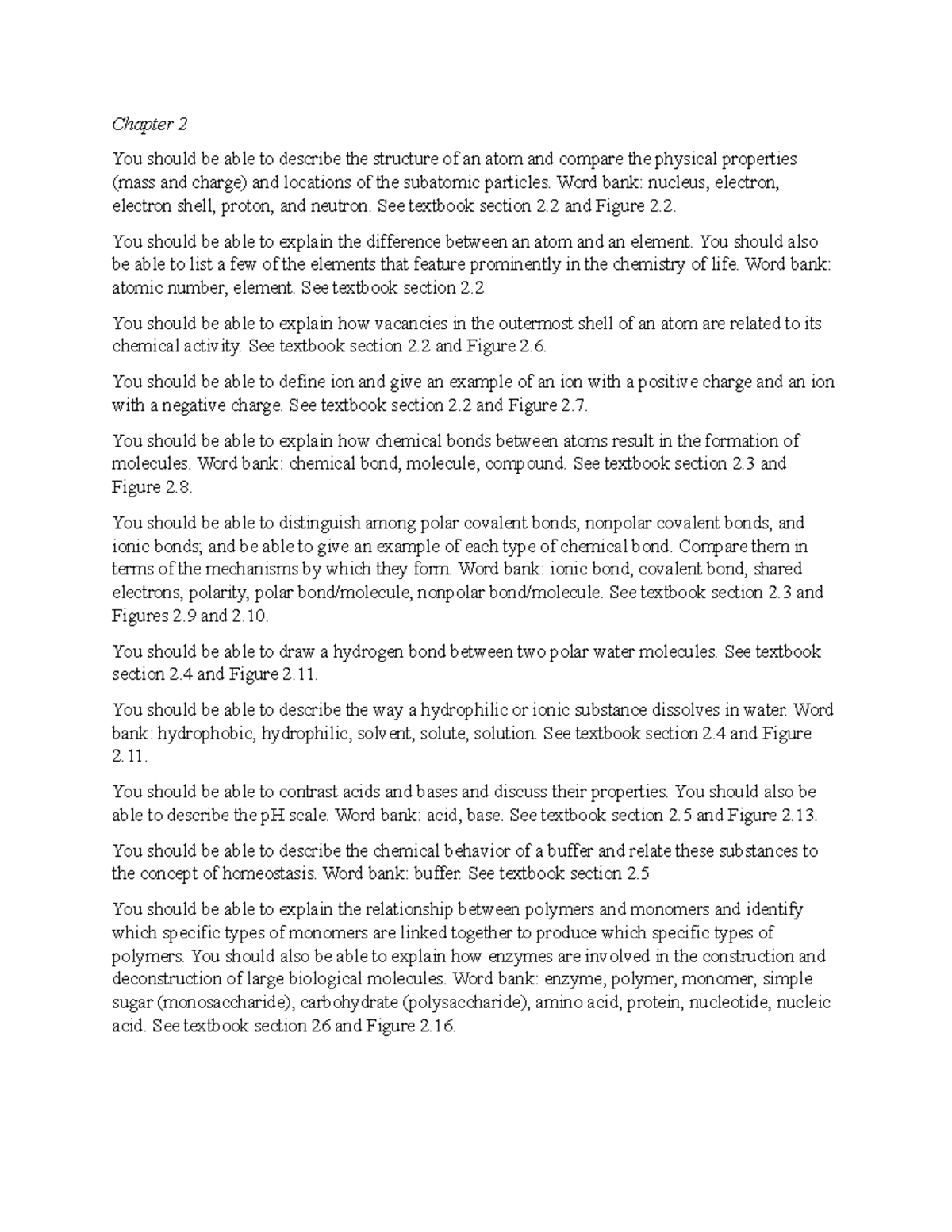 Biology 101 Chapter 2 Study Notes On Atomic Structure Bonds Studocu
