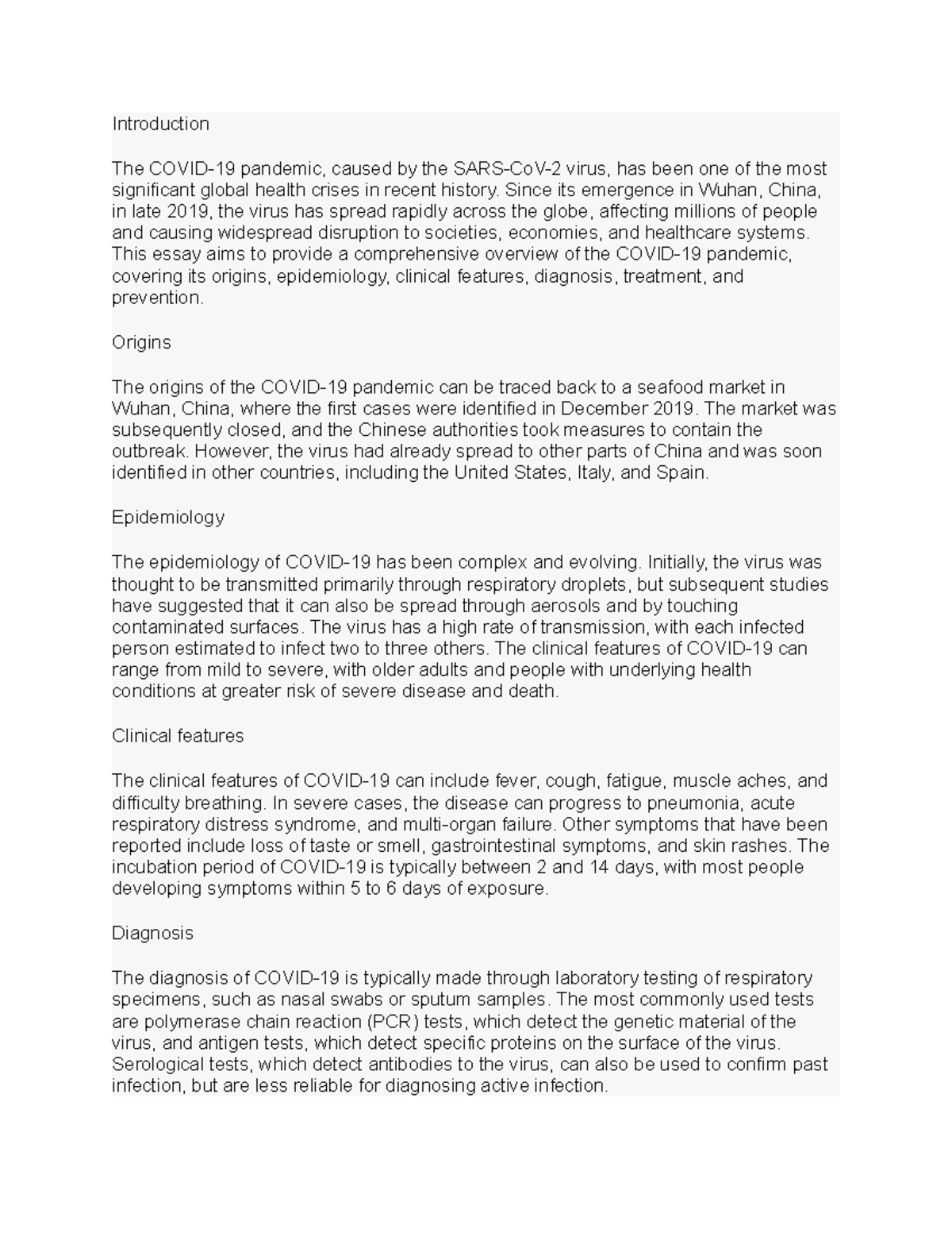 COVID-19 Pandemic Essay: Overview of Origins, Impact & Prevention - Studocu