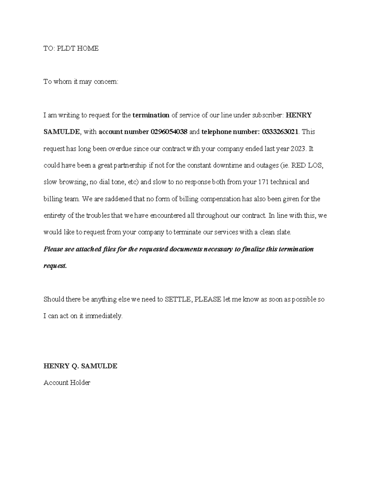PLDT Service Termination Request Letter - HENRY SAMULDE - Studocu