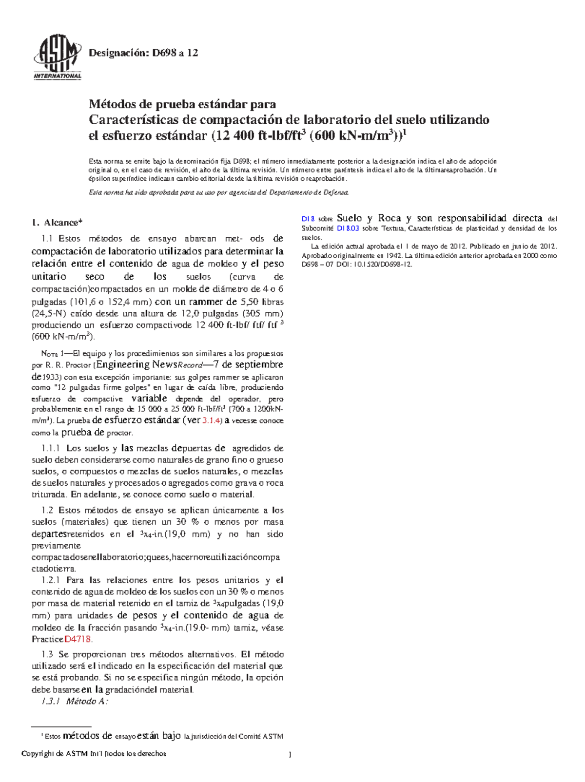 Métodos de Prueba ASTM D698 para Compactación de Suelos (Español) - Studocu
