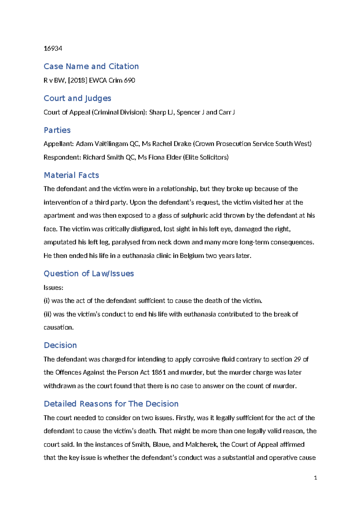 16934 CL101 - Company Law Finals - 16934 Case Name and Citation R v BW ...