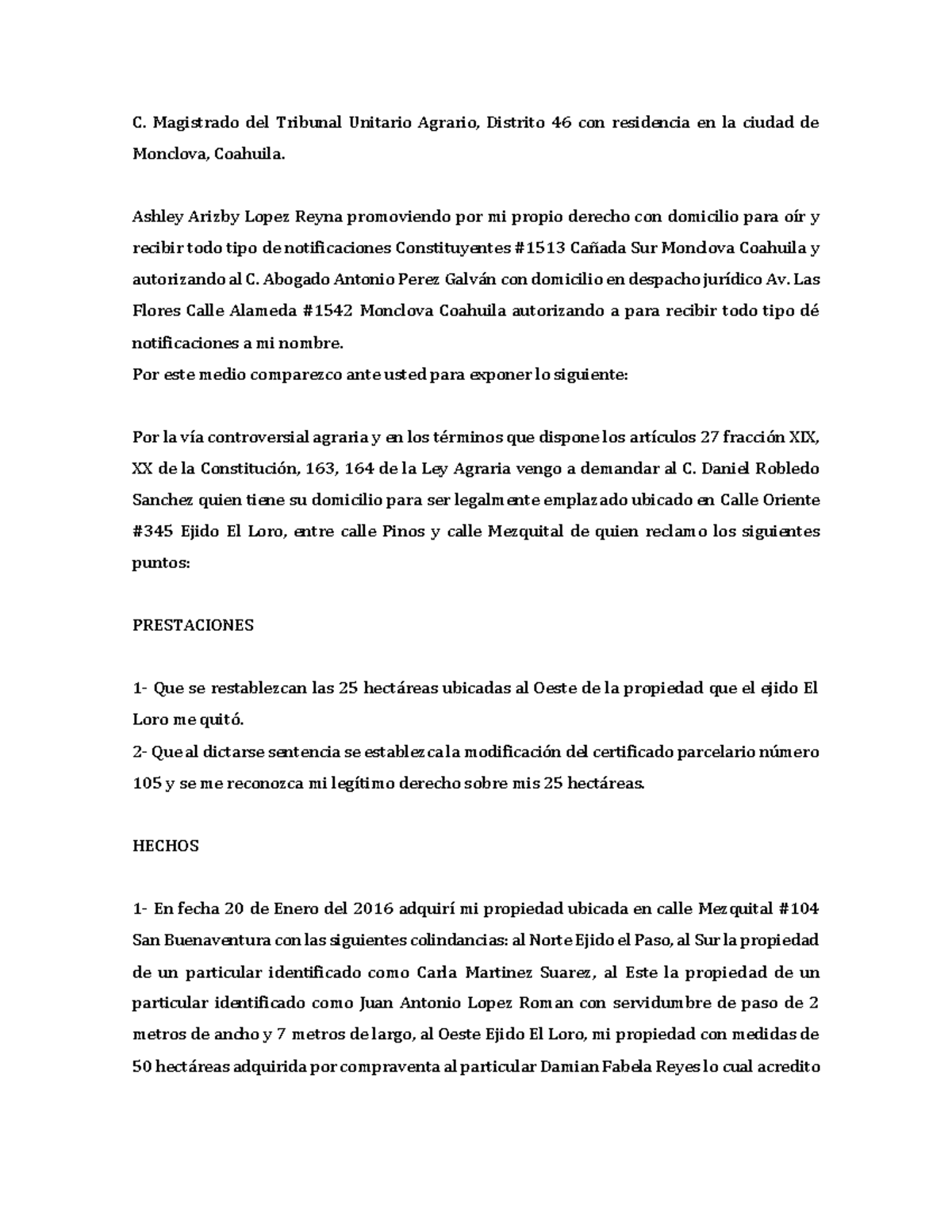 Demanda Agraria 1 - C. Magistrado del Tribunal Unitario Agrario ...