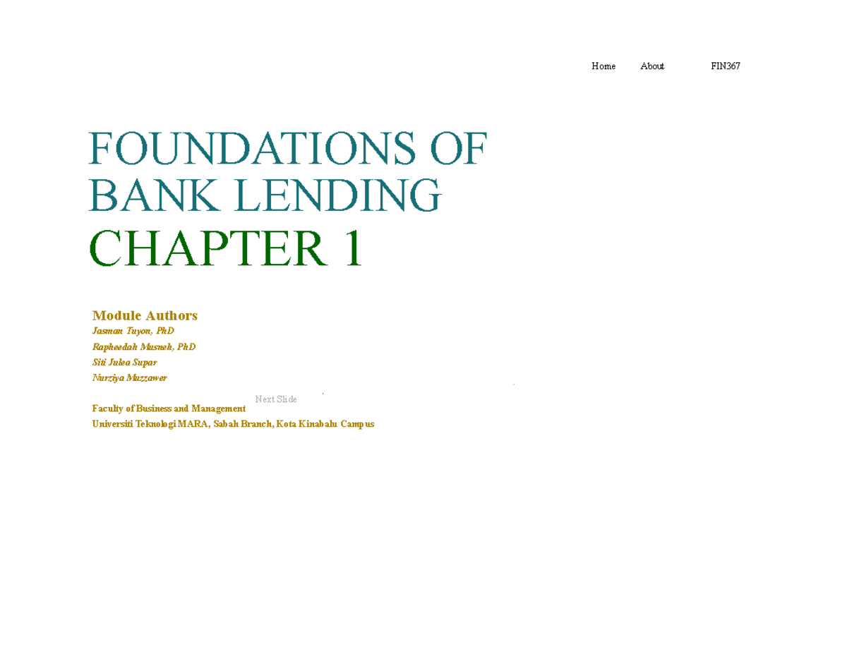 FIN367 Chapter 1: Foundations of Bank Lending Overview - Studocu