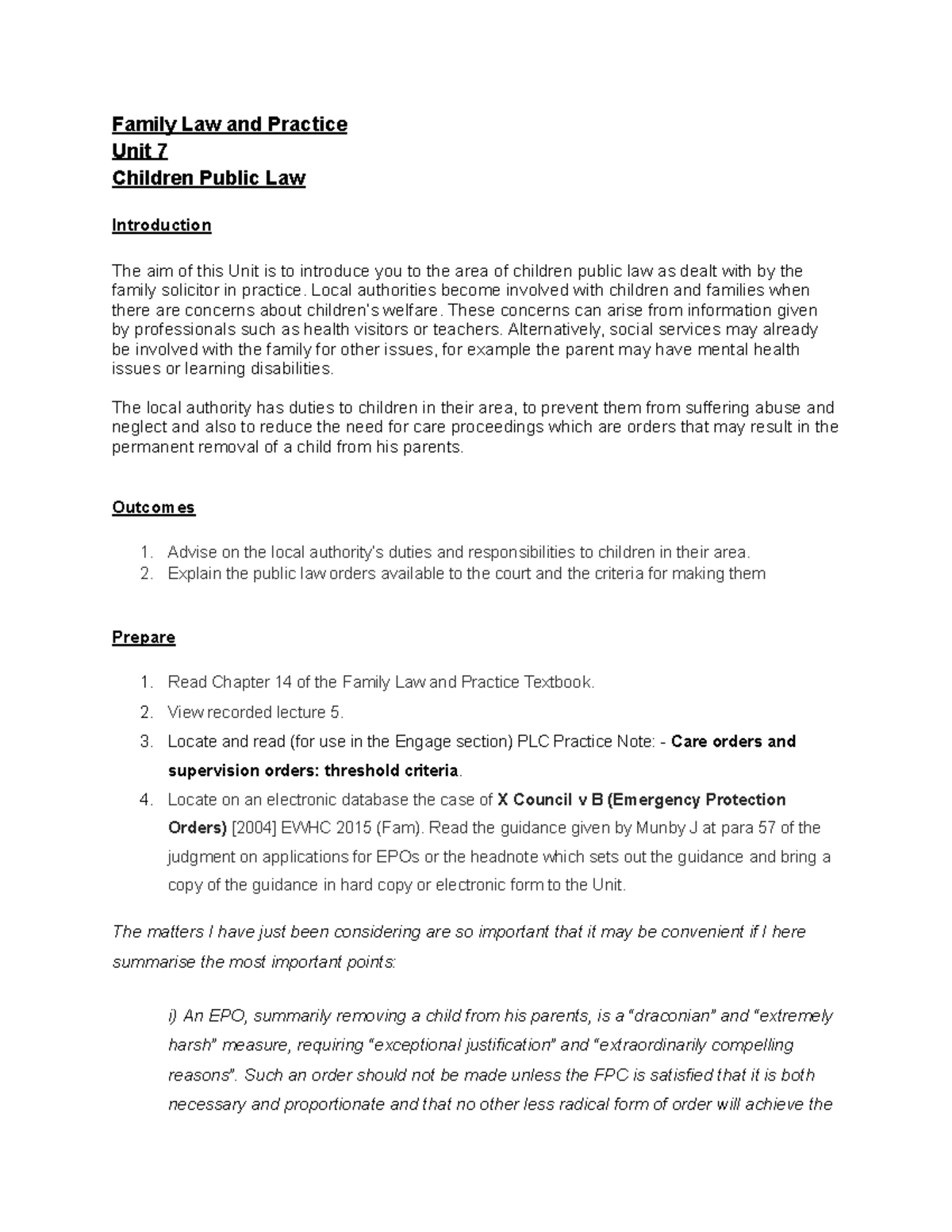 Family Law - Unit 7 - Children's Public Law Preparation Notes - Studocu