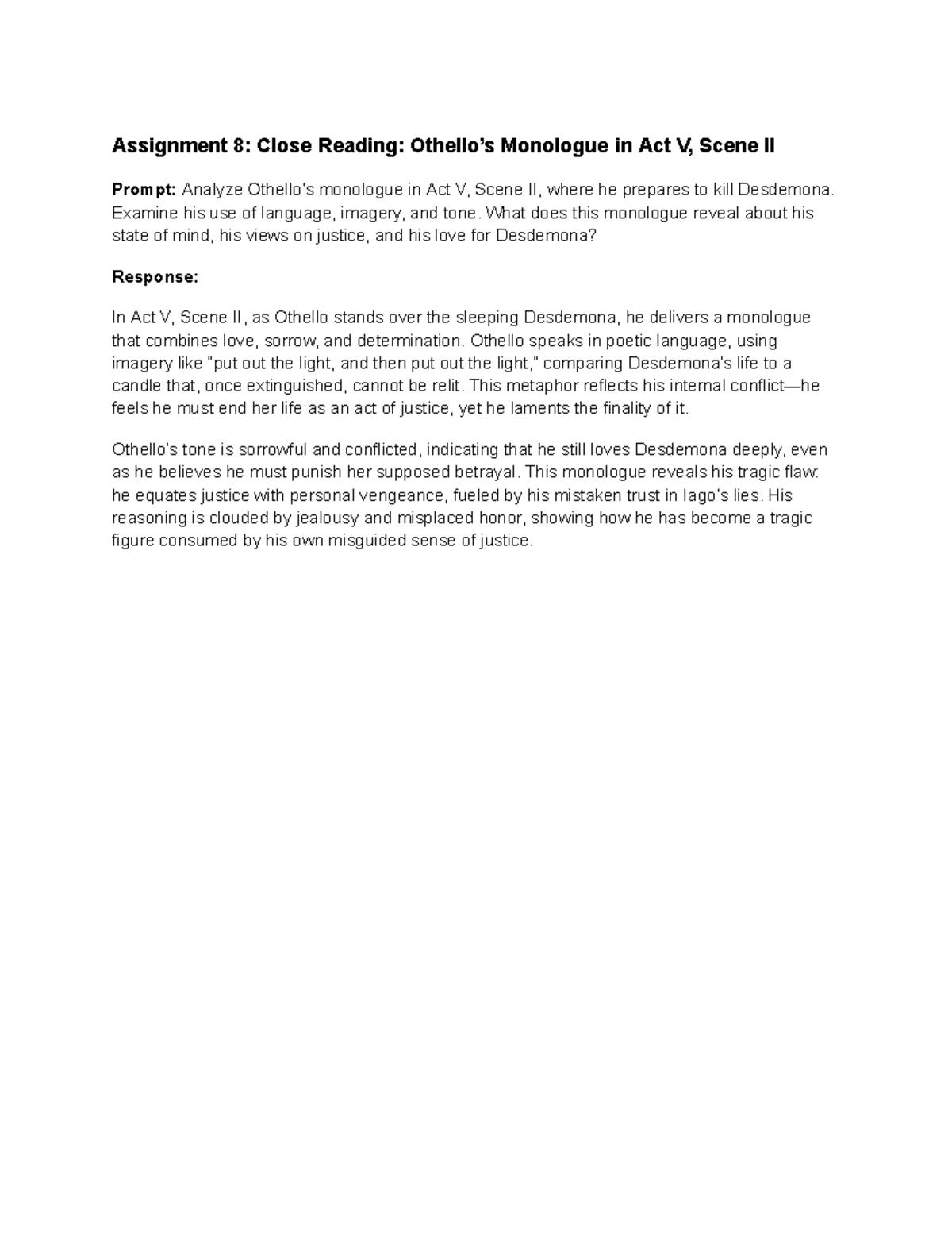 Assignment 8: Close Reading of Othello's Monologue in Act V, Scene II ...