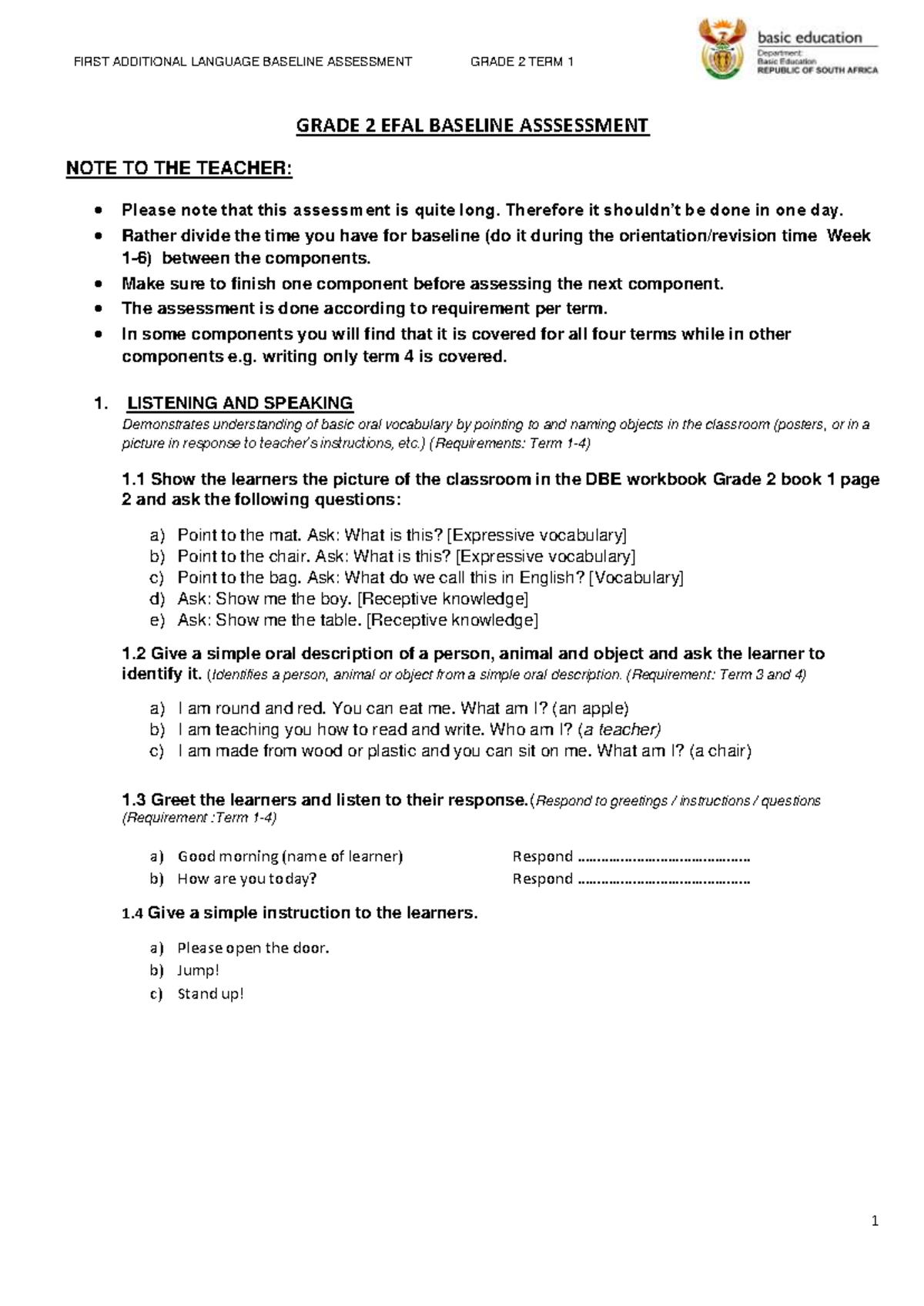Grade 2 EFAL Baseline Assessment Term 1 Overview and Instructions - Studocu