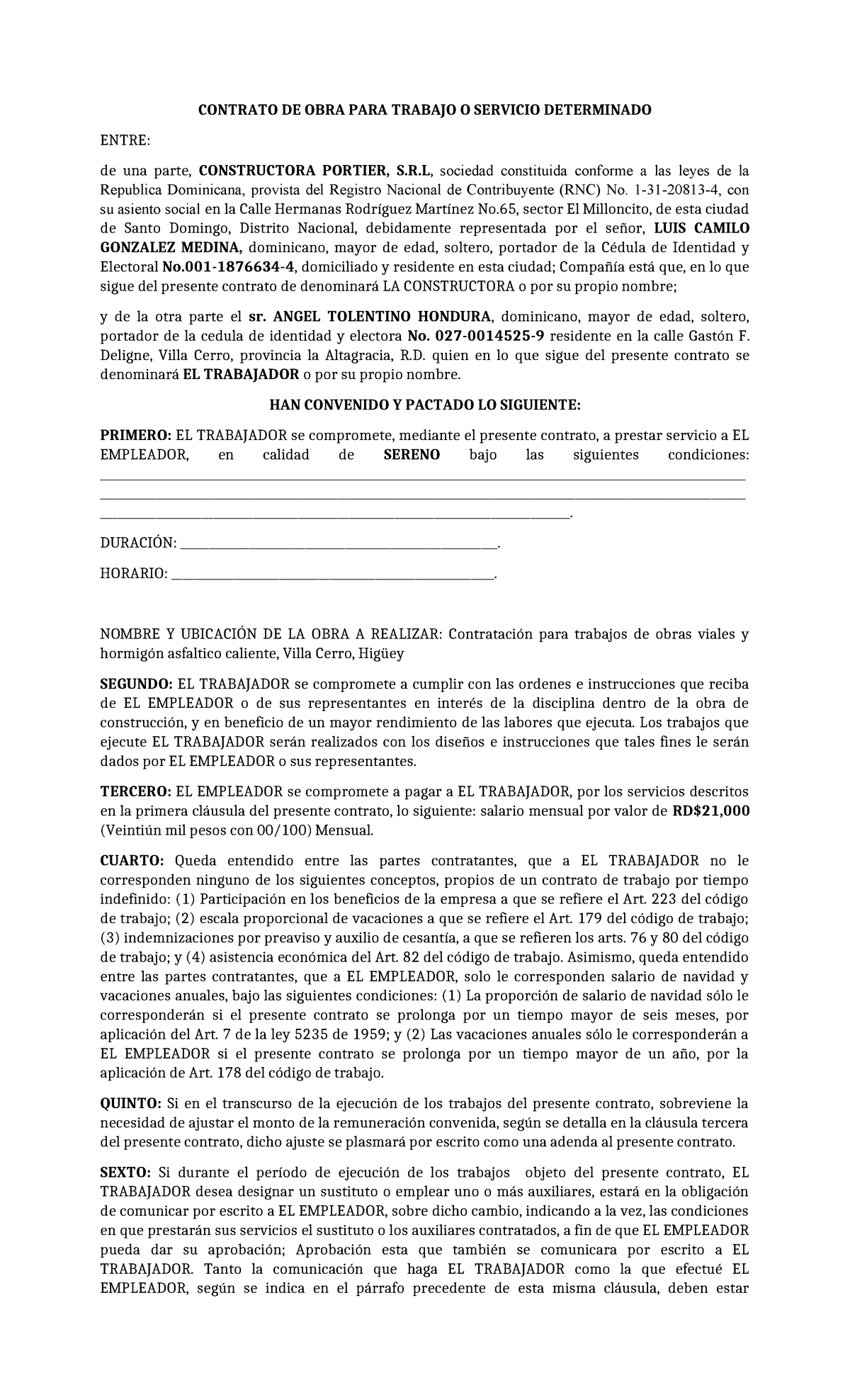 Contrato de trabajo para obra o servicio determinado - CONTRATO DE OBRA PARA TRABAJO O SERVICIO ...