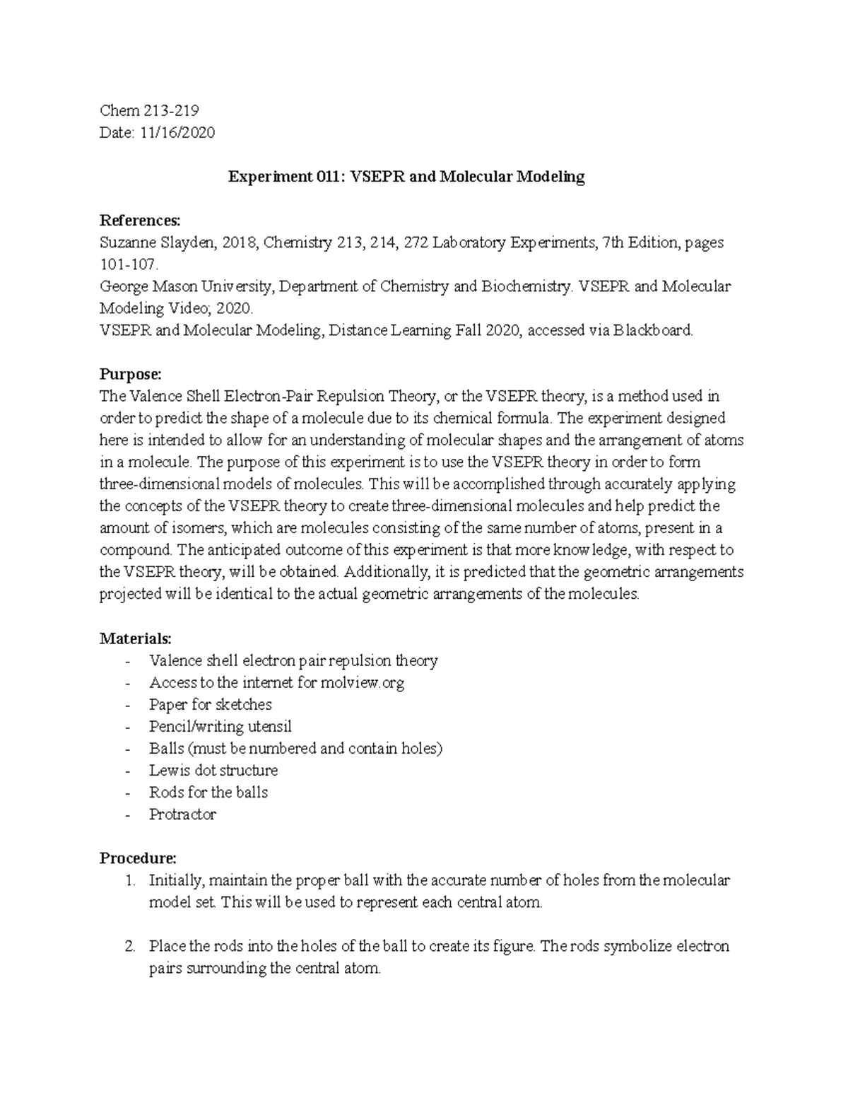 Vsepr and Molecular Modeling Lab - Chem 213- Date: 11/16/ Experiment 011: VSEPR and Molecular ...