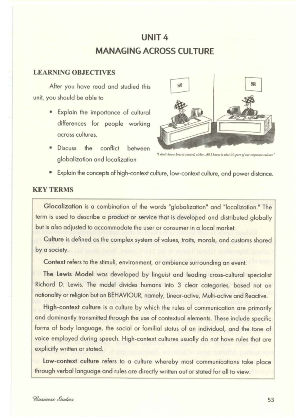 ESP1 Unit 4: Managing Across Cultures - Key Concepts & Objectives - Studocu