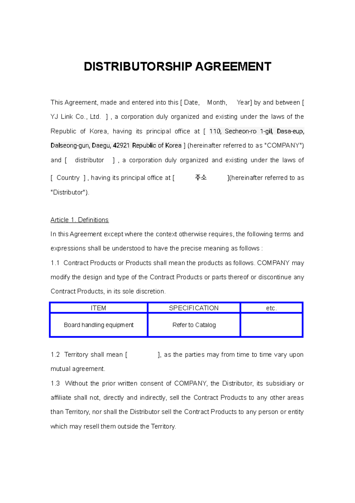 Distributorship Agreement Form - YJ Link Co., Ltd. 2023 - Studocu