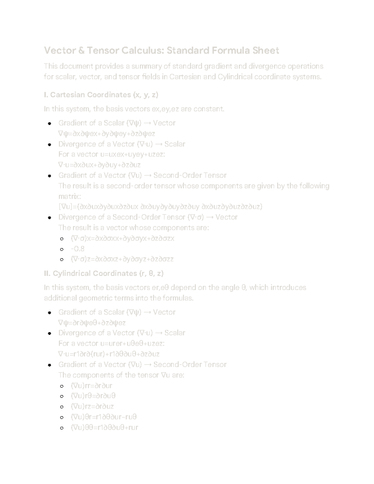 Vector Tensor Calculus: Standard Formulas for Gradients & Divergences - Studeersnel