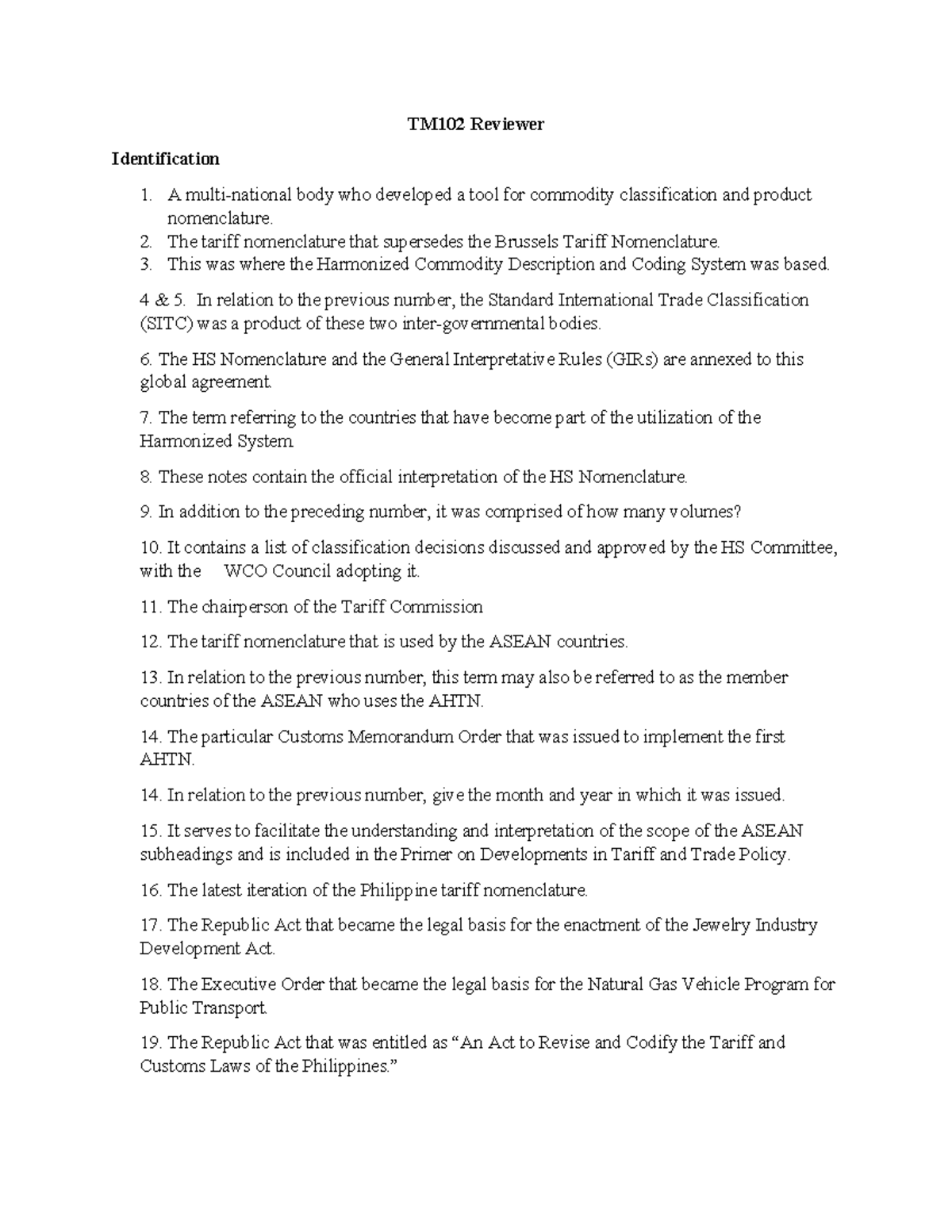 TM102 Final Exam Reviewer on Harmonized System & Tariff Nomenclature ...