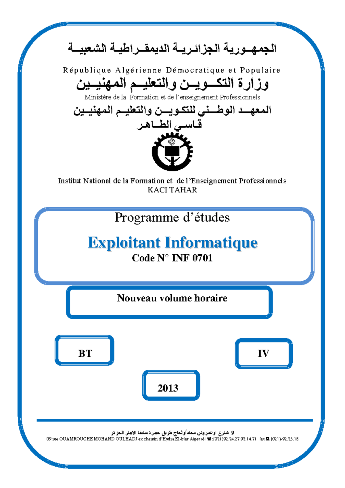 INT 0701 N4.BT - Programme d'Exploitant Informatique 2013 - Studocu