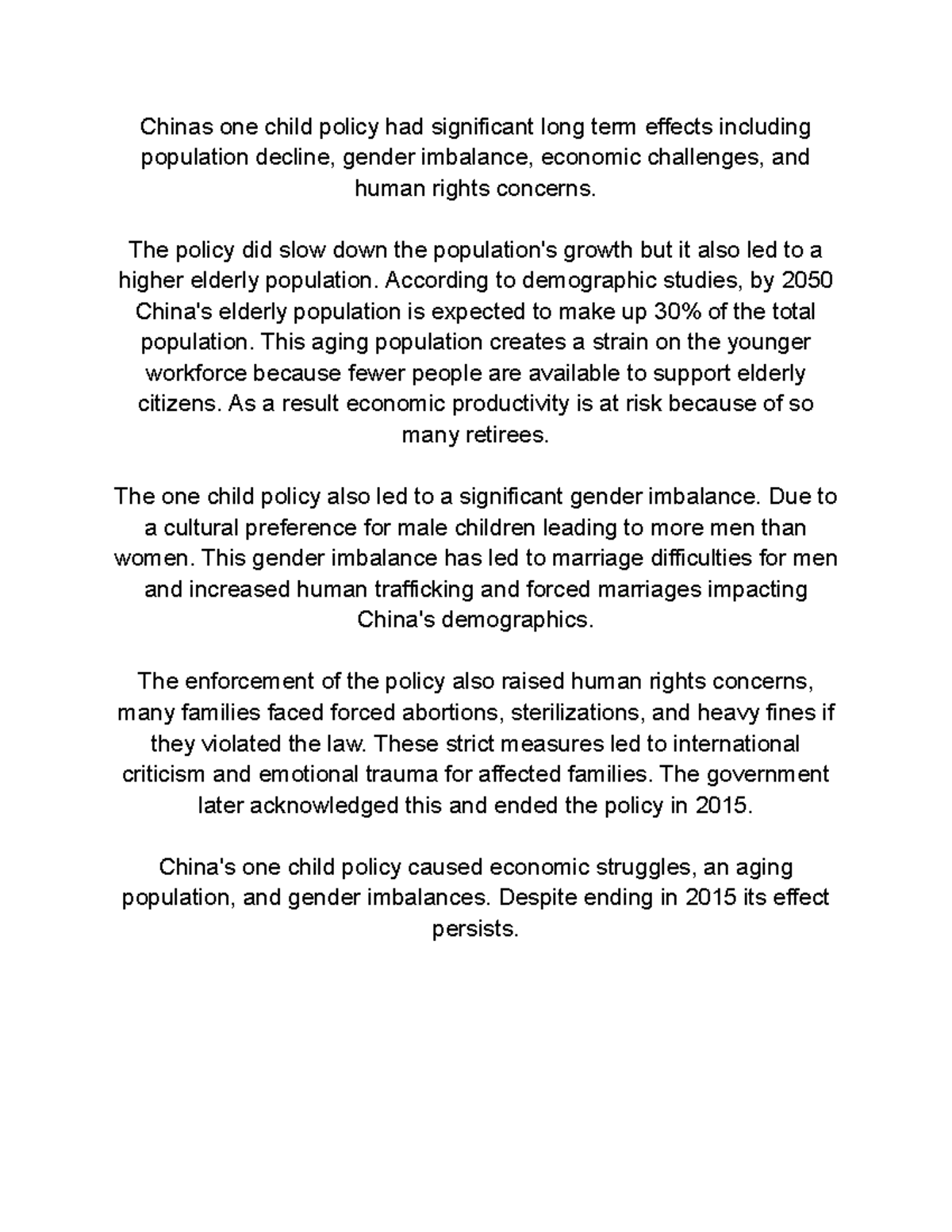 Impacts of China's One-Child Policy on Demographics and Economy - Studocu