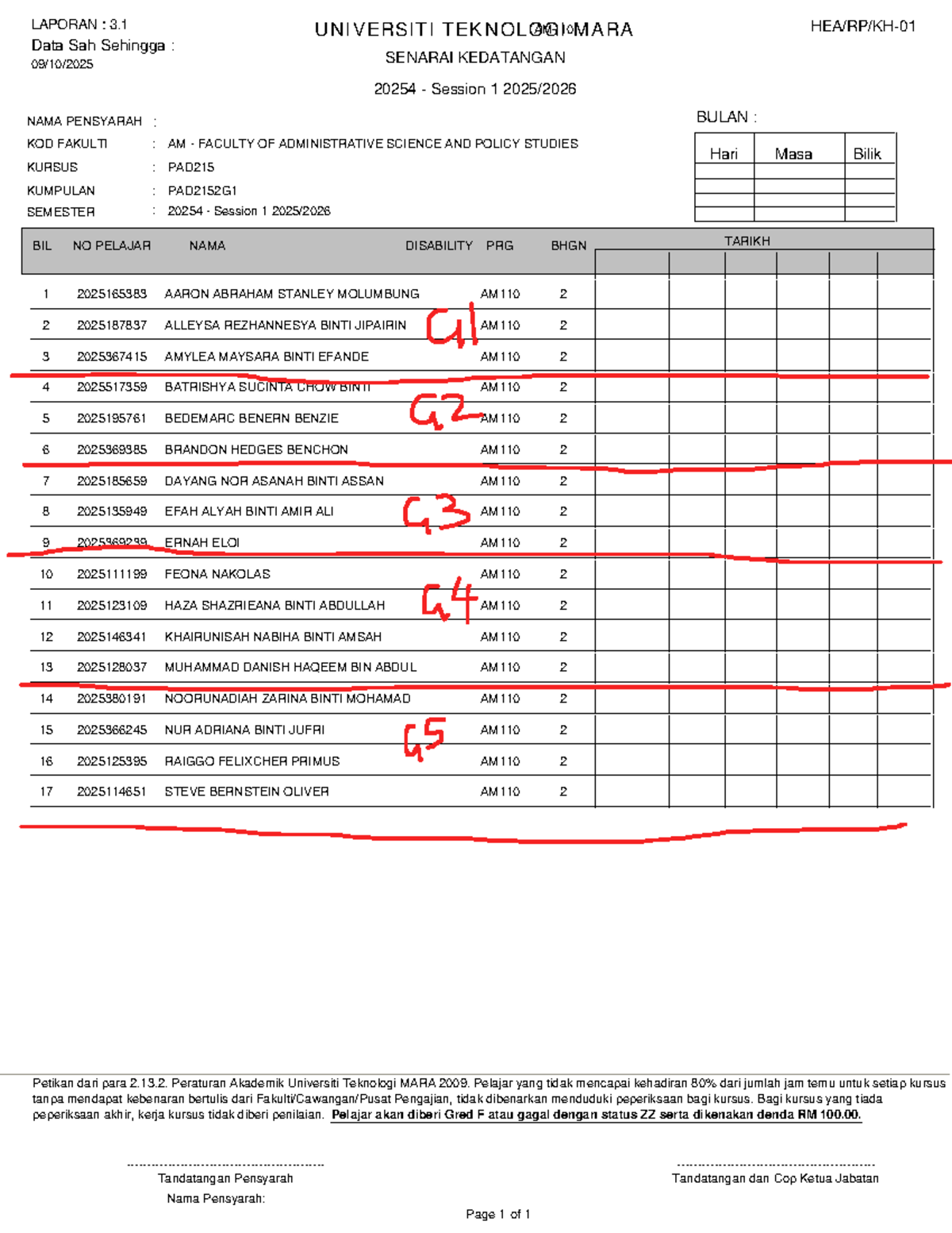 PAD215 G1 - Attendance Report for 20254 Session 1 - Studocu