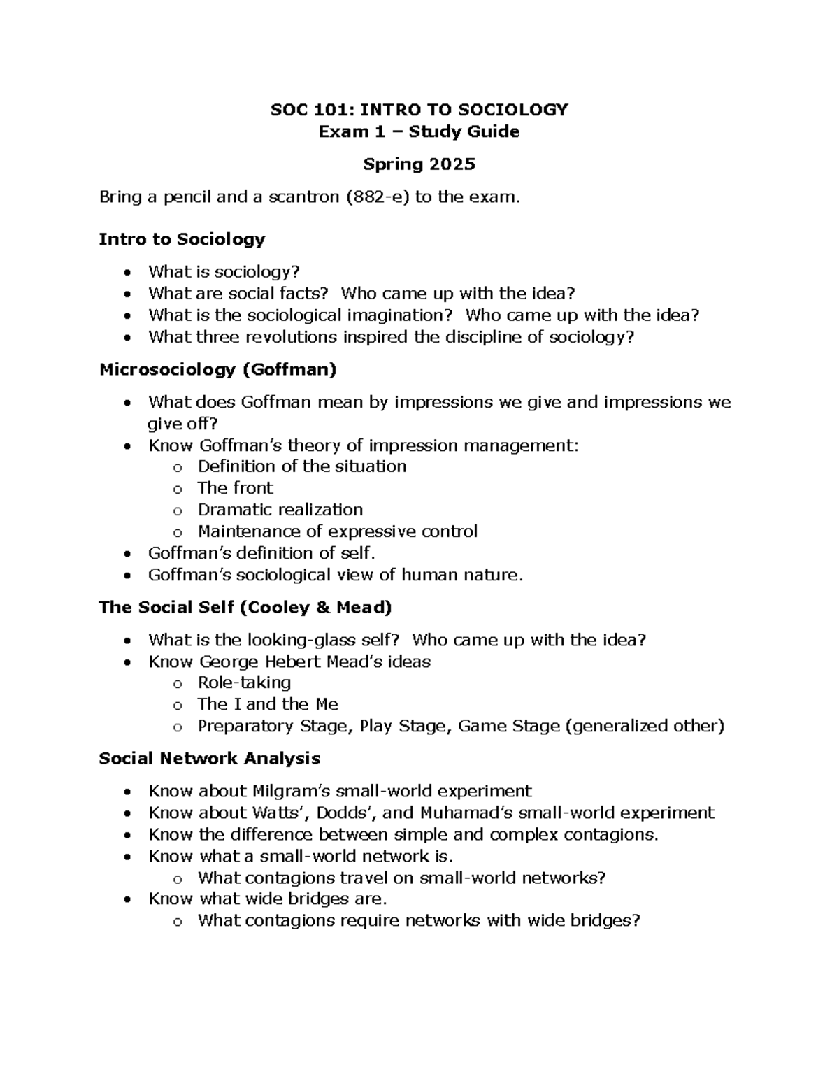 SOC 101: Exam 1 Study Guide for Intro to Sociology - Spring 2025 - Studocu
