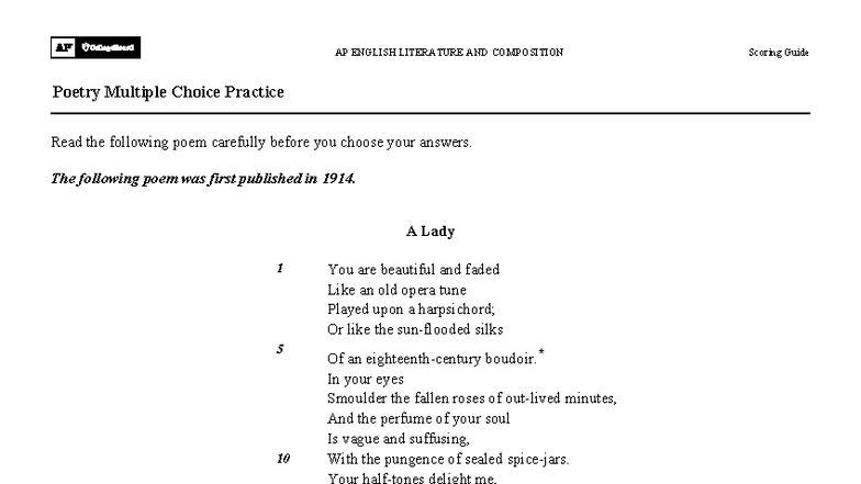 AP ENGLISH LITERATURE AND COMPOSITION Poetry Multiple Choice Practice ...