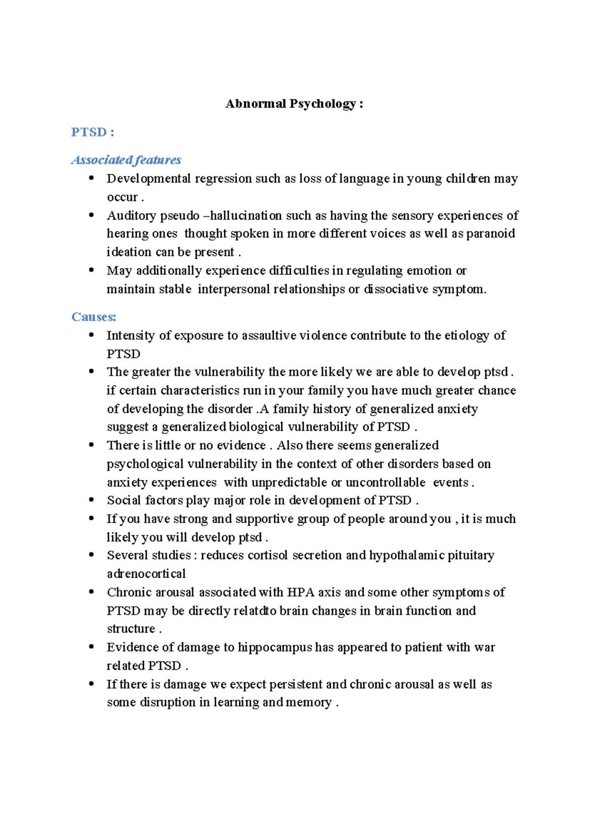 Abnormal Psychology: PTSD Notes and Associated Features - Studocu