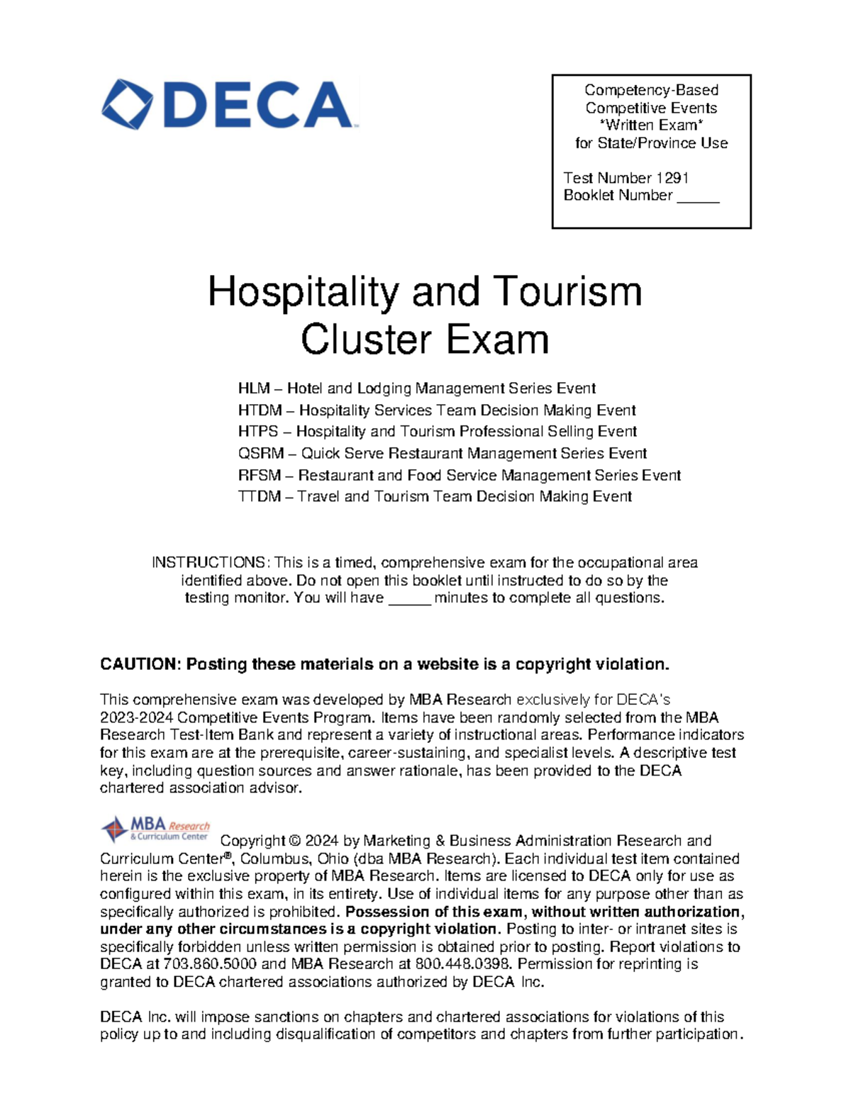 Hospitality and Tourism Cluster Exam: Test 1291 Overview - Studocu