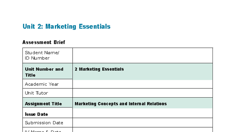 Unit 2: Marketing Essentials - Assessment Brief & Guidance - Studocu