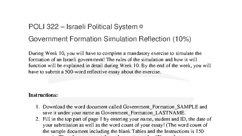 POLI 322 Government Formation Simulation Reflection Paper Instructions ...