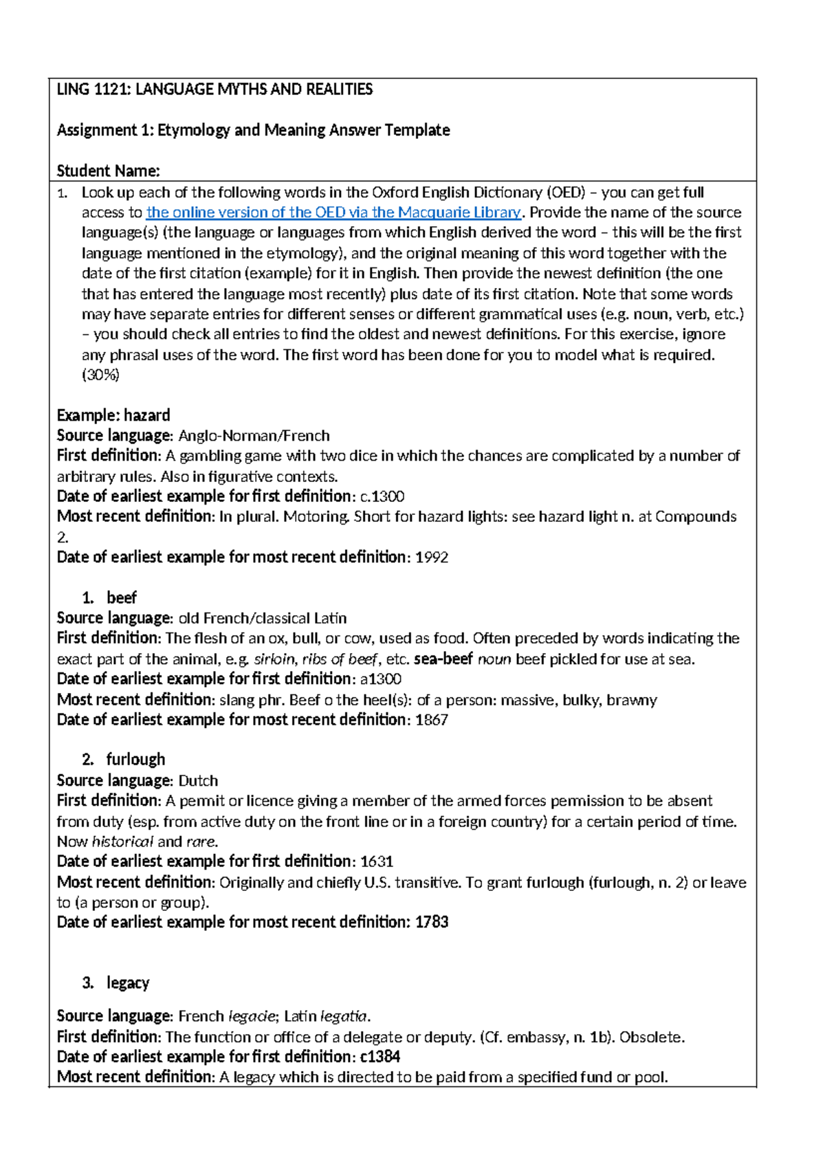 LING1121 Assignment 1: Exploring Etymology and Word Evolution - Studocu
