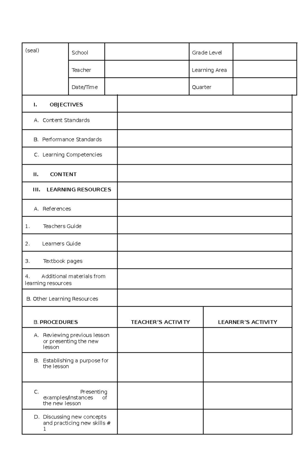 Lesson Plan for Grade 7 - (seal) School Grade Level Teacher Learning ...