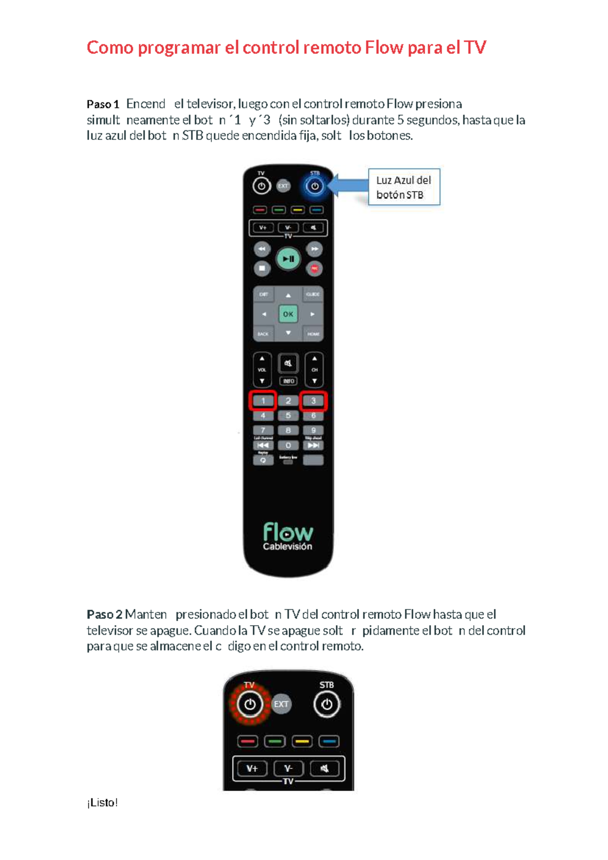 Manual de programación del control remoto Flow para TV - Studocu