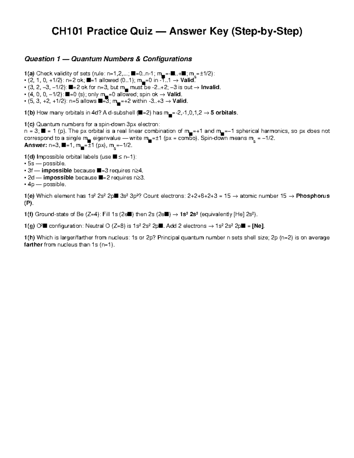 CH101 Practice Quiz Answer Key: Quantum Numbers & Spectroscopy - Studocu