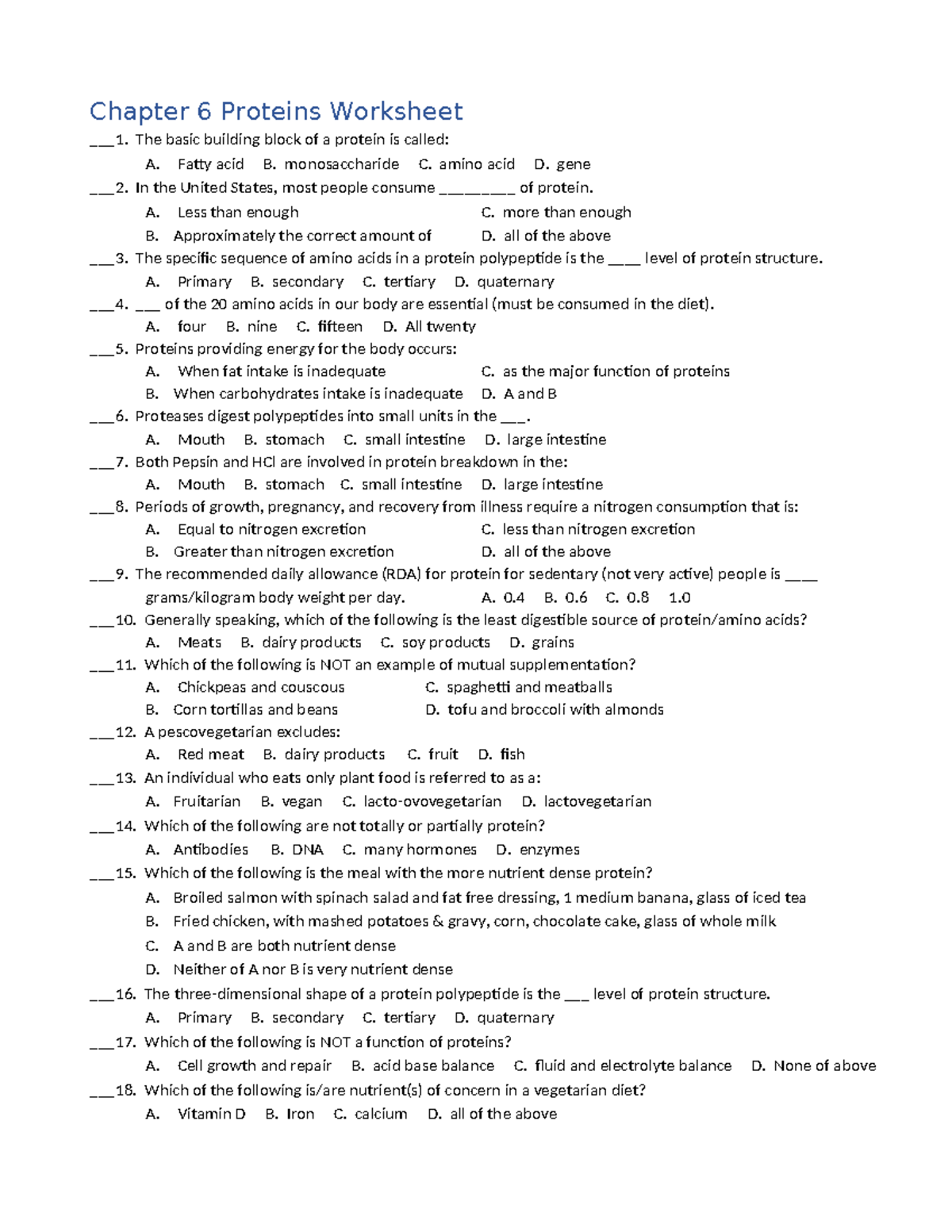 Chapter 6 - Proteins Worksheet: Study Guide & Practice Questions - Studocu