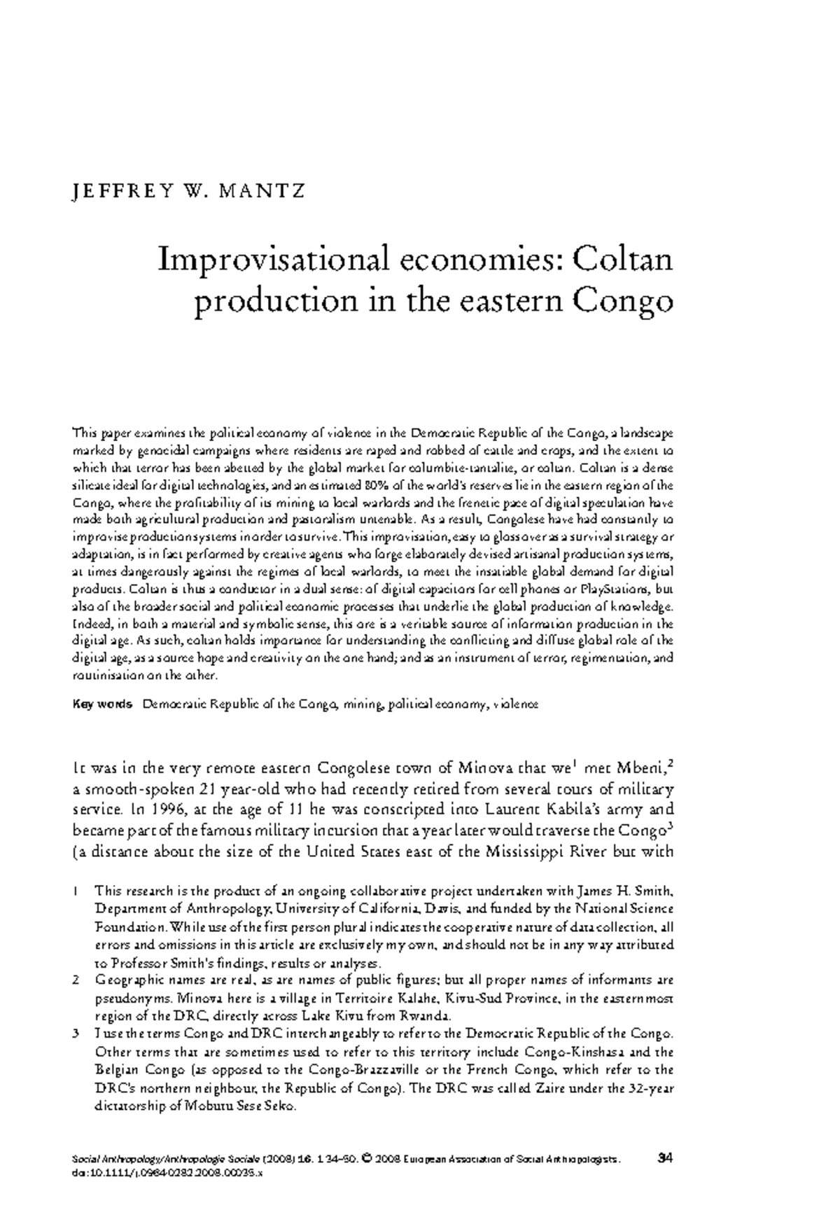 Mantz - Improvisational Economies: Coltan and Conflict in the DRC - Studocu