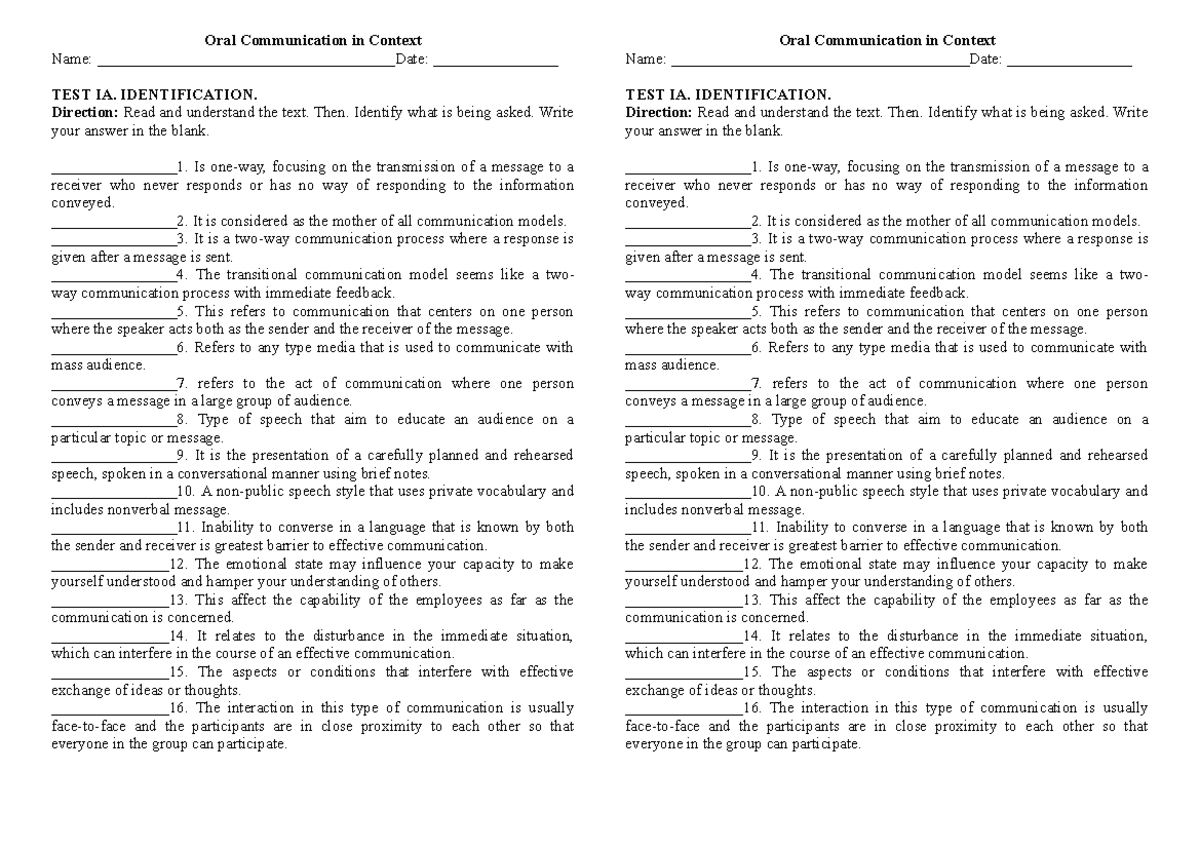 Oral Communication in Context: Test IA & IB Overview - Studocu