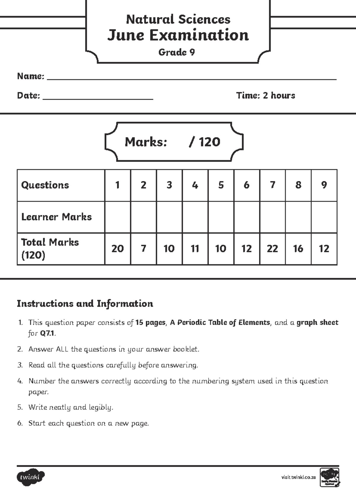 Grade 9 Natural Sciences June Exam Paper (120 Marks) - Studocu