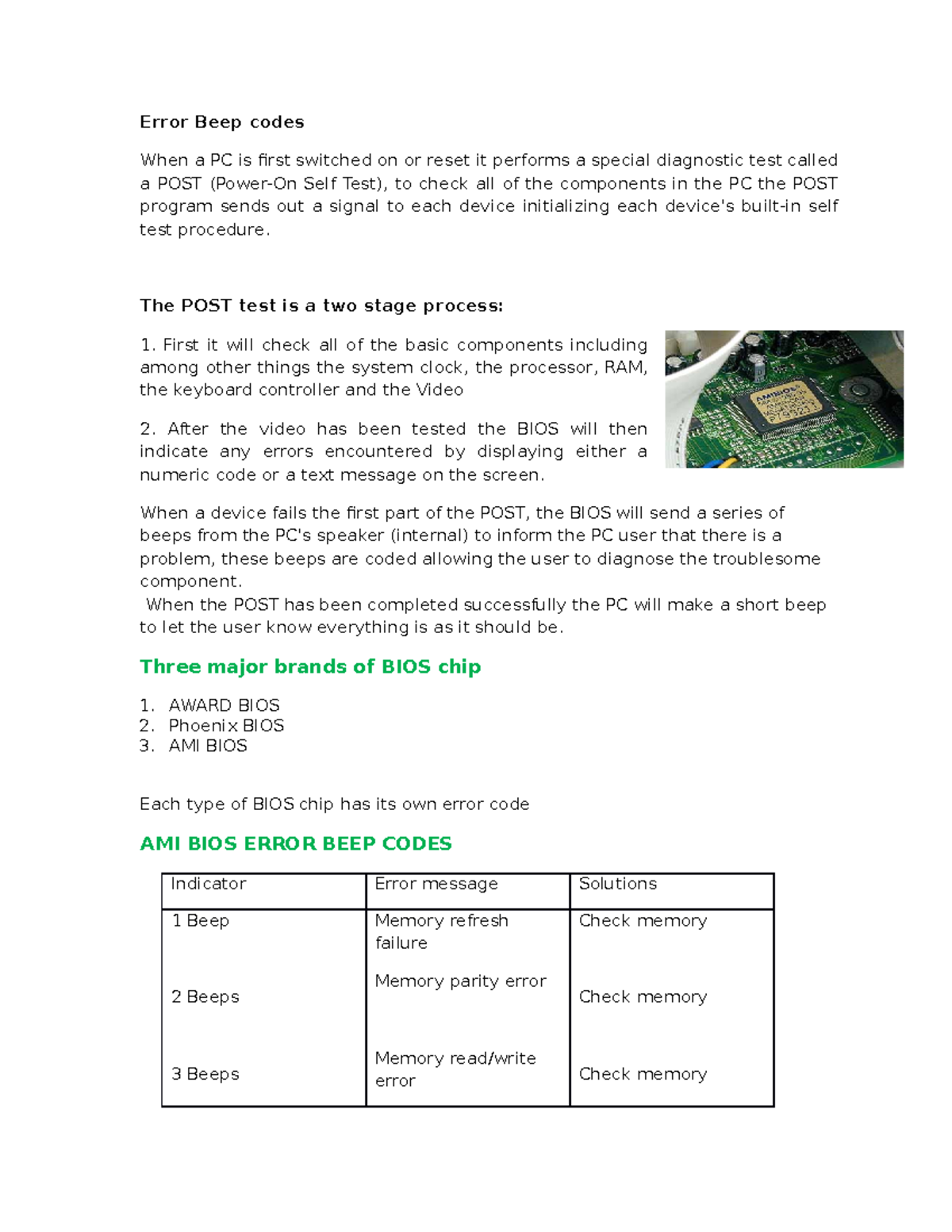BIOS Error Beep Codes: Diagnostic Guide for POST Issues - Studocu