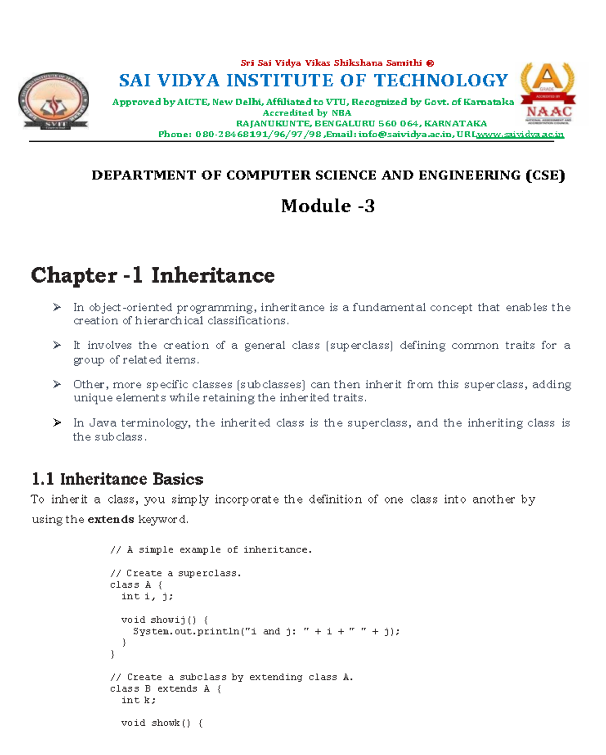 CSE Module 3: Java Inheritance Concepts and Examples - Studocu