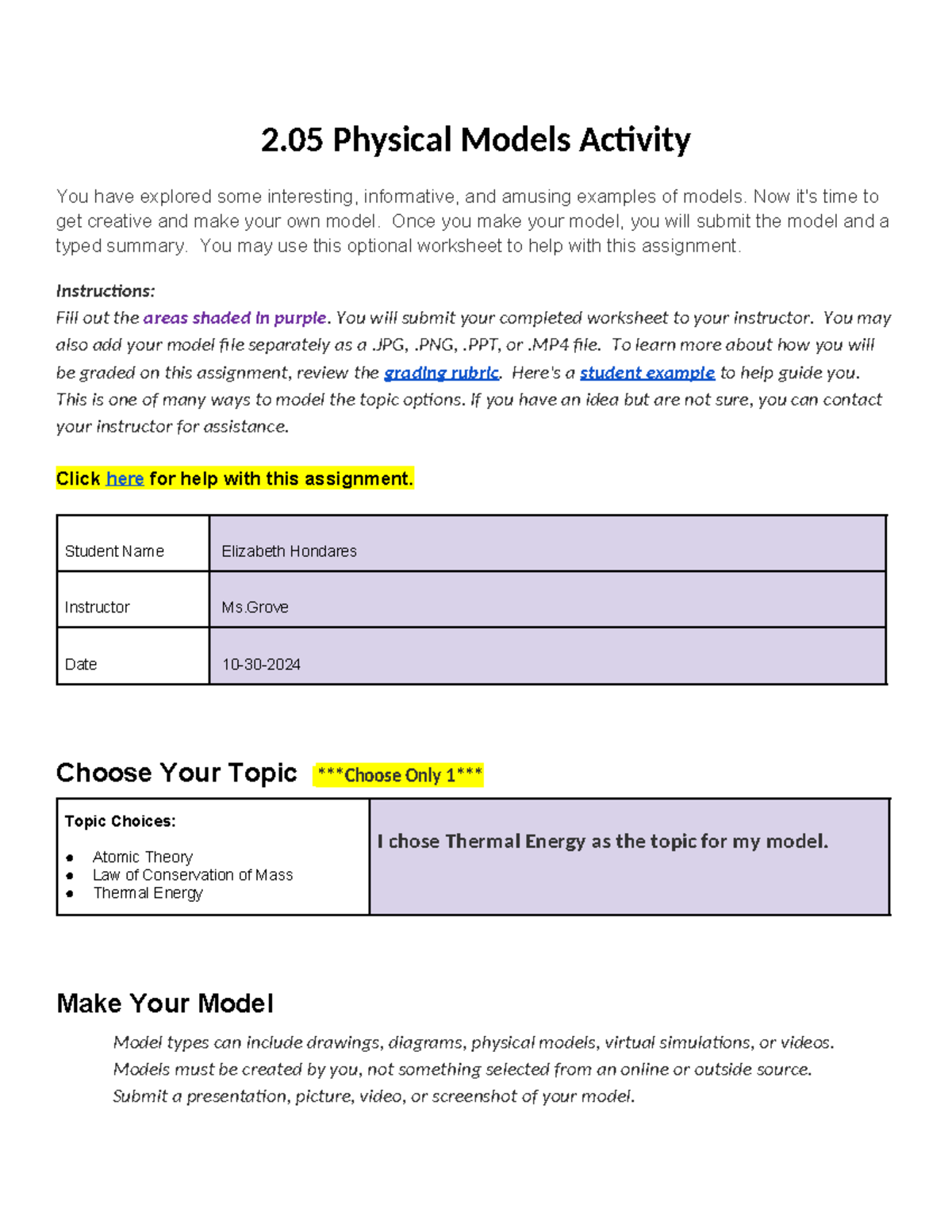 Copy of 2.05 Physical Models Activity Worksheet - 2 Physical Models ...