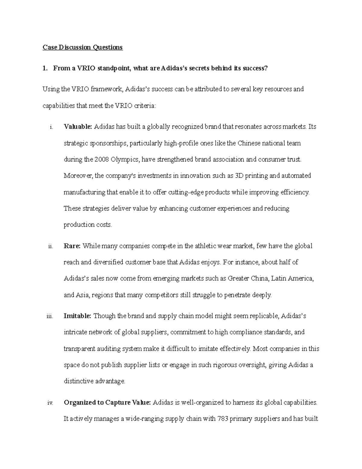 Case Study 2: Adidas VRIO Analysis & Outsourcing Strategies - Studocu